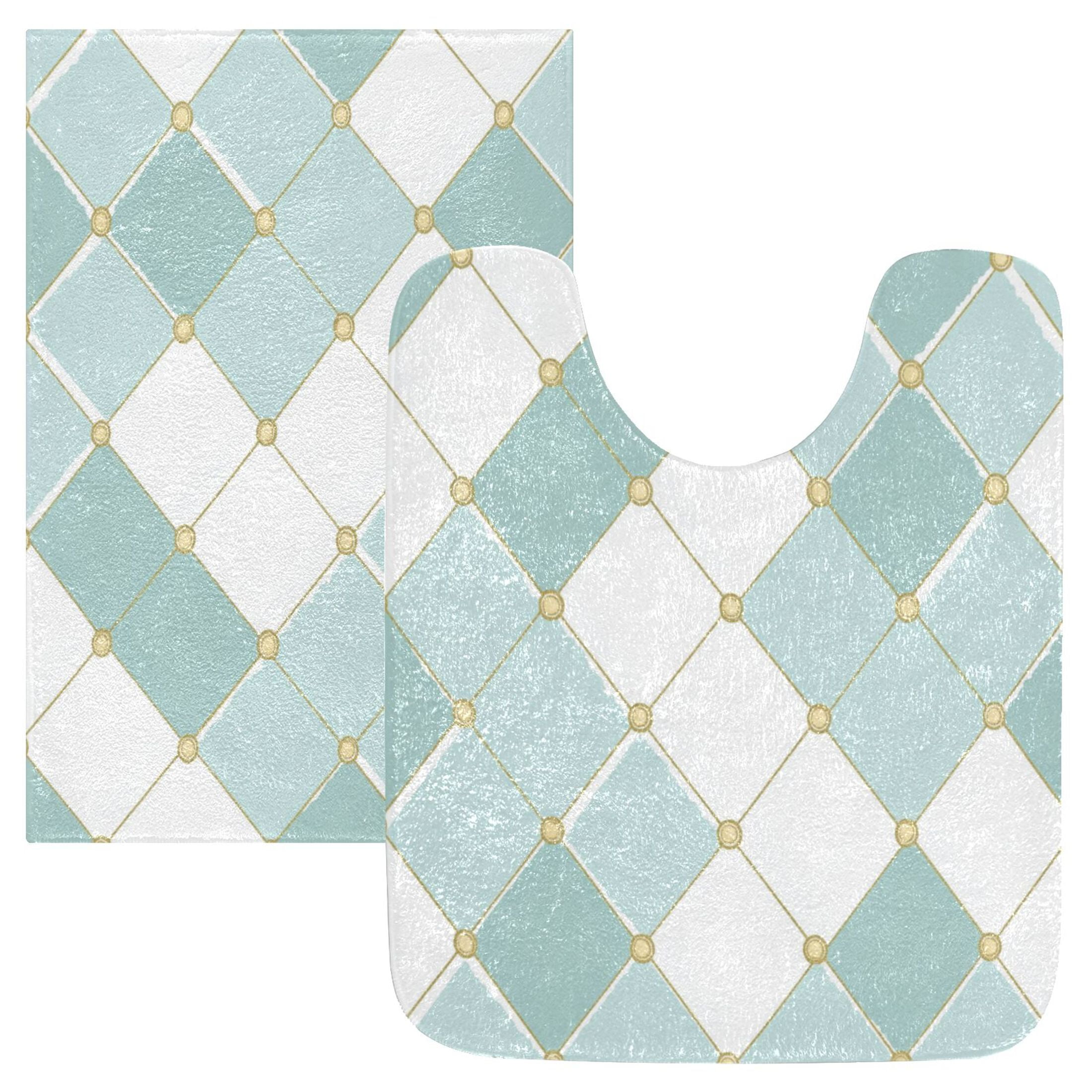 2 Piece Soft Bathroom Rug Set Pastel Teal Diamond Plaid Bath Mat and U ...