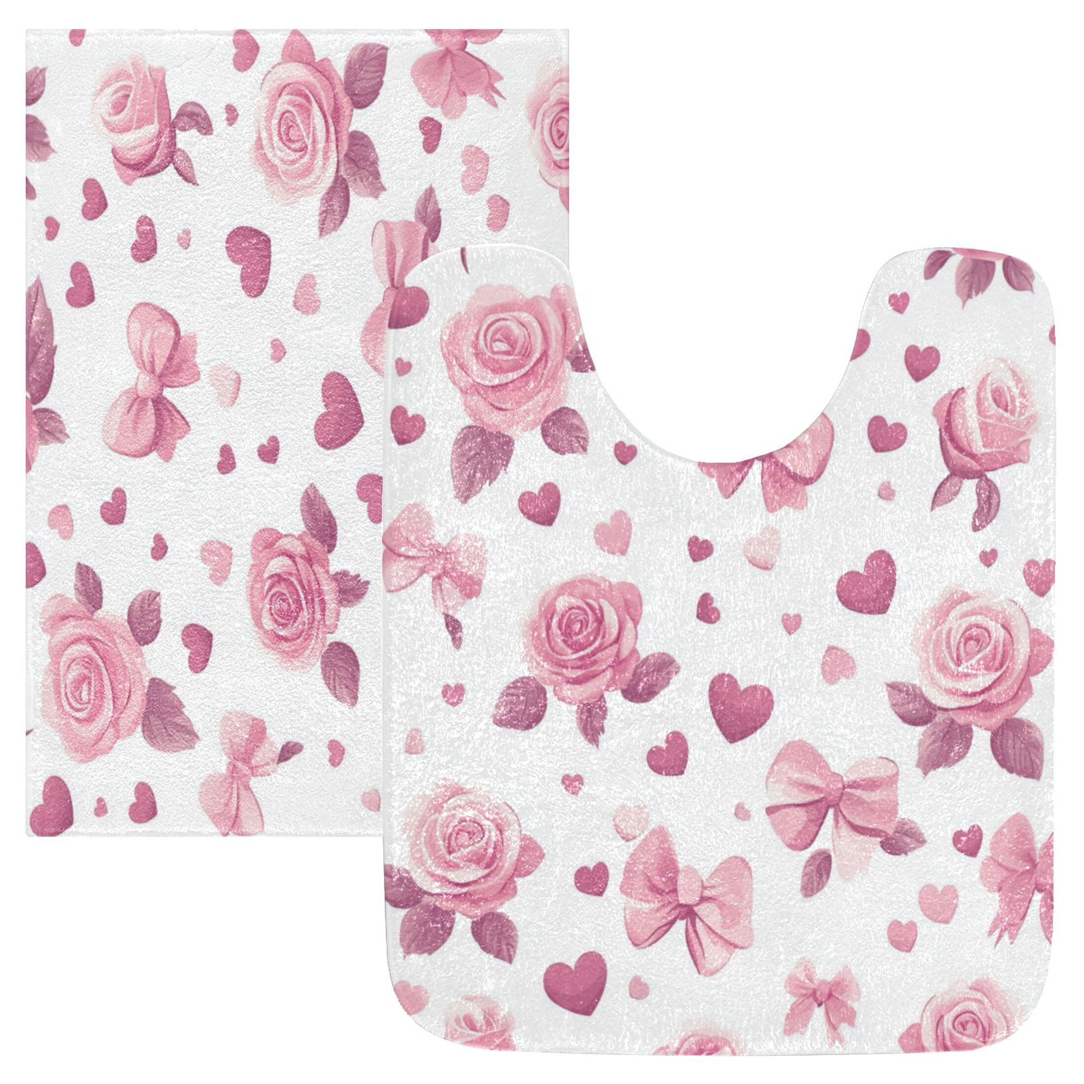 2 Piece Soft Bathroom Rug Set Pink Roses and Bows Bath Mat and U-Shaped ...