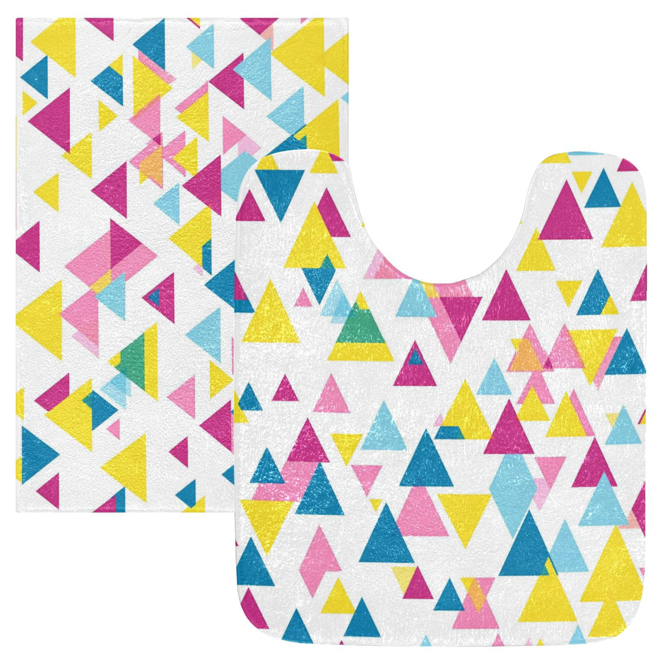 2 Piece Soft Bathroom Rug Set Pink Yellow and Blue Triangles Bath Mat ...