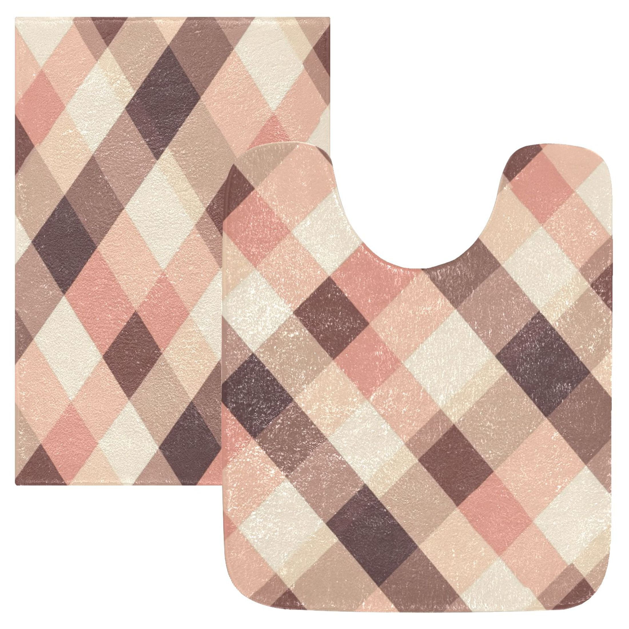 2 Piece Soft Bathroom Rug Set Pink and Dark Beige Plaid Bath Mat and U ...