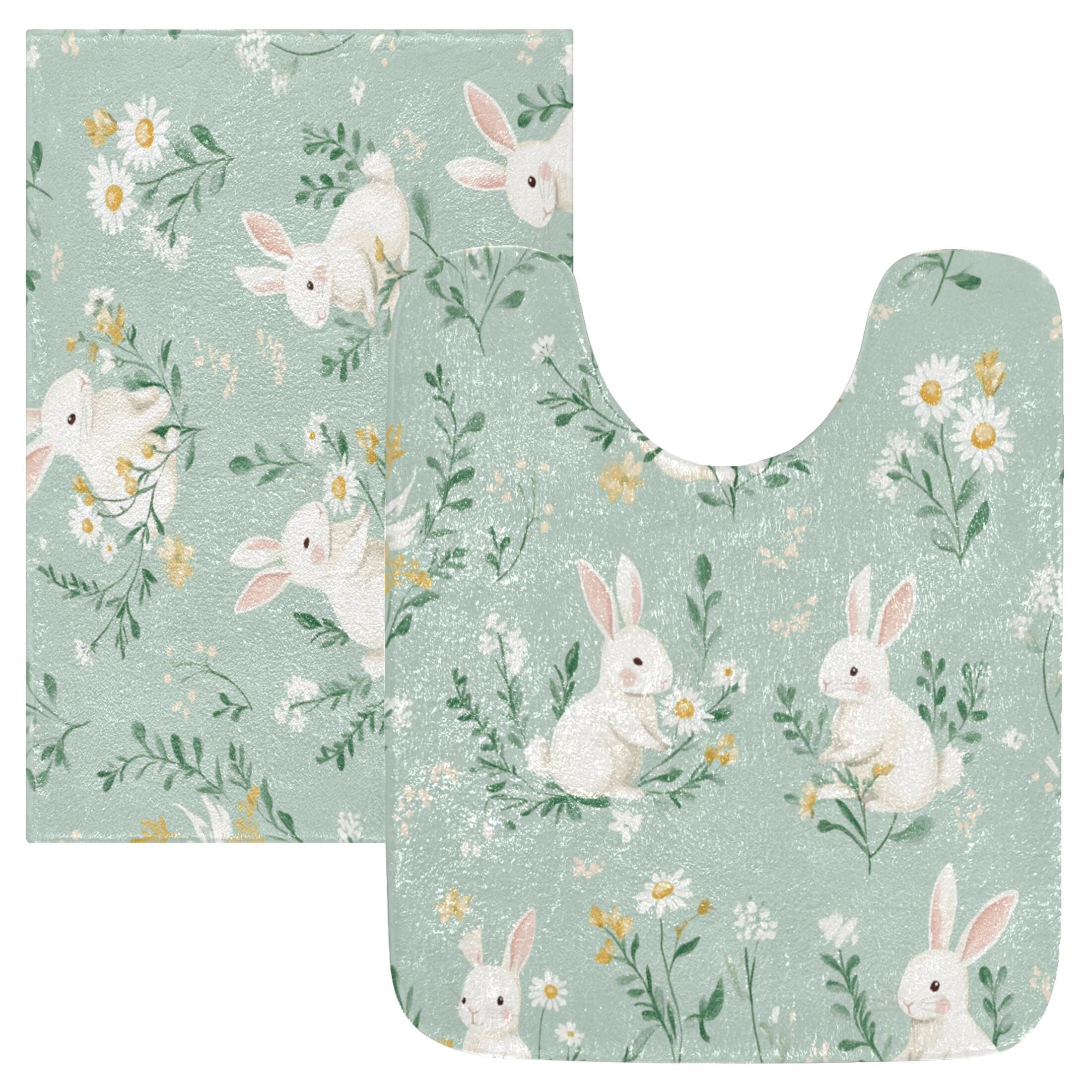 2 Piece Soft Bathroom Rug Set Playful Rabbits Bath Mat and U-Shaped ...