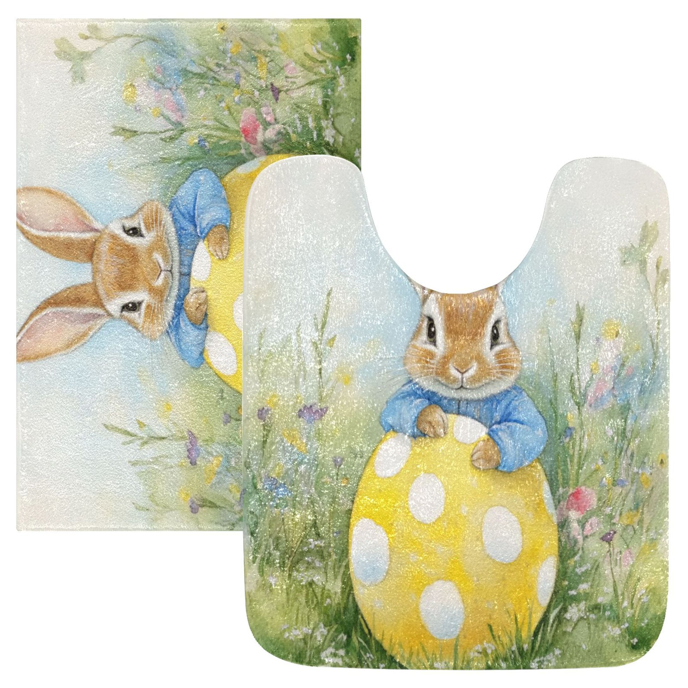 2 Piece Soft Bathroom Rug Set Rabbit and Yellow Easter Eggs Bath Mat ...