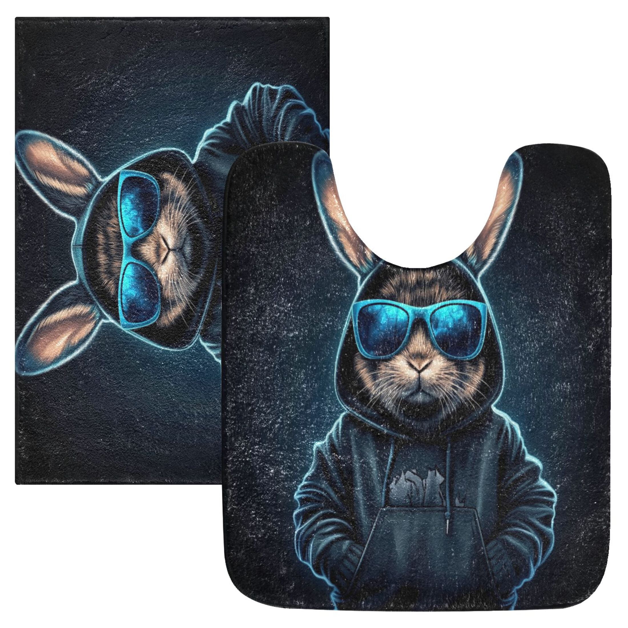 2 Piece Soft Bathroom Rug Set Rabbit in A Black Hoodie Bath Mat and U ...