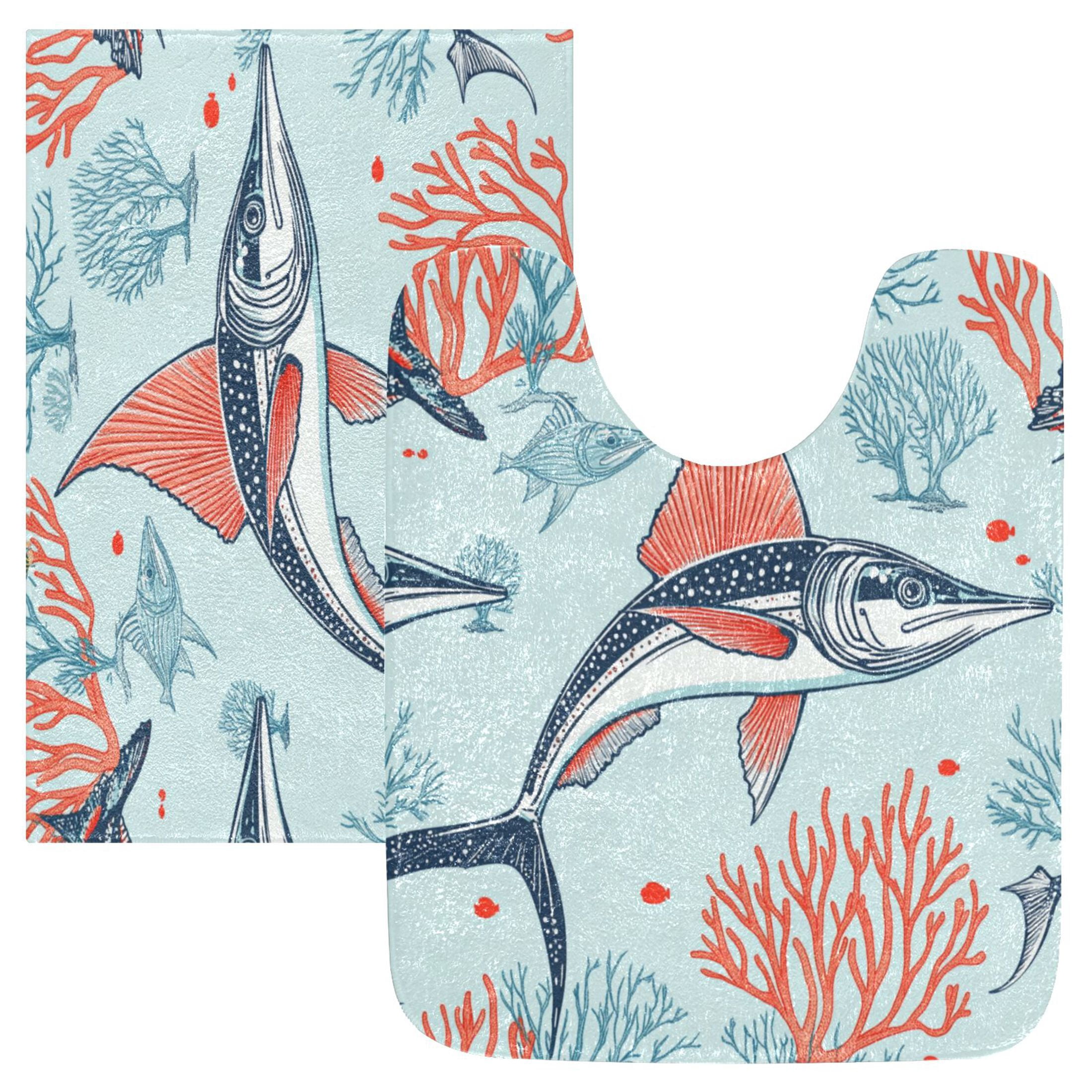 2 Piece Soft Bathroom Rug Set Sailfish and Coral Reef Bath Mat and U ...