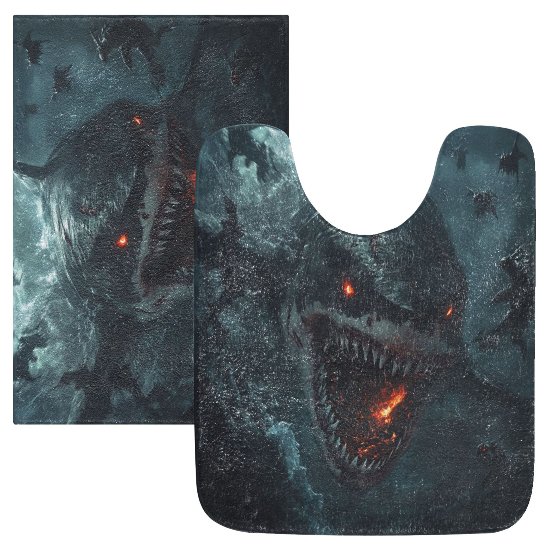 2 Piece Soft Bathroom Rug Set Scary Shark Bath Mat and U-Shaped Toilet ...