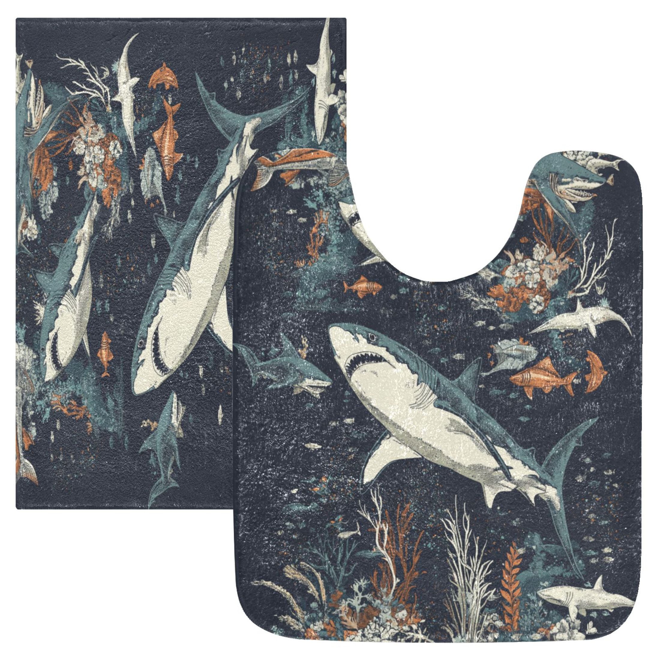 2 Piece Soft Bathroom Rug Set Sharks and Sea Creatures Bath Mat and U ...