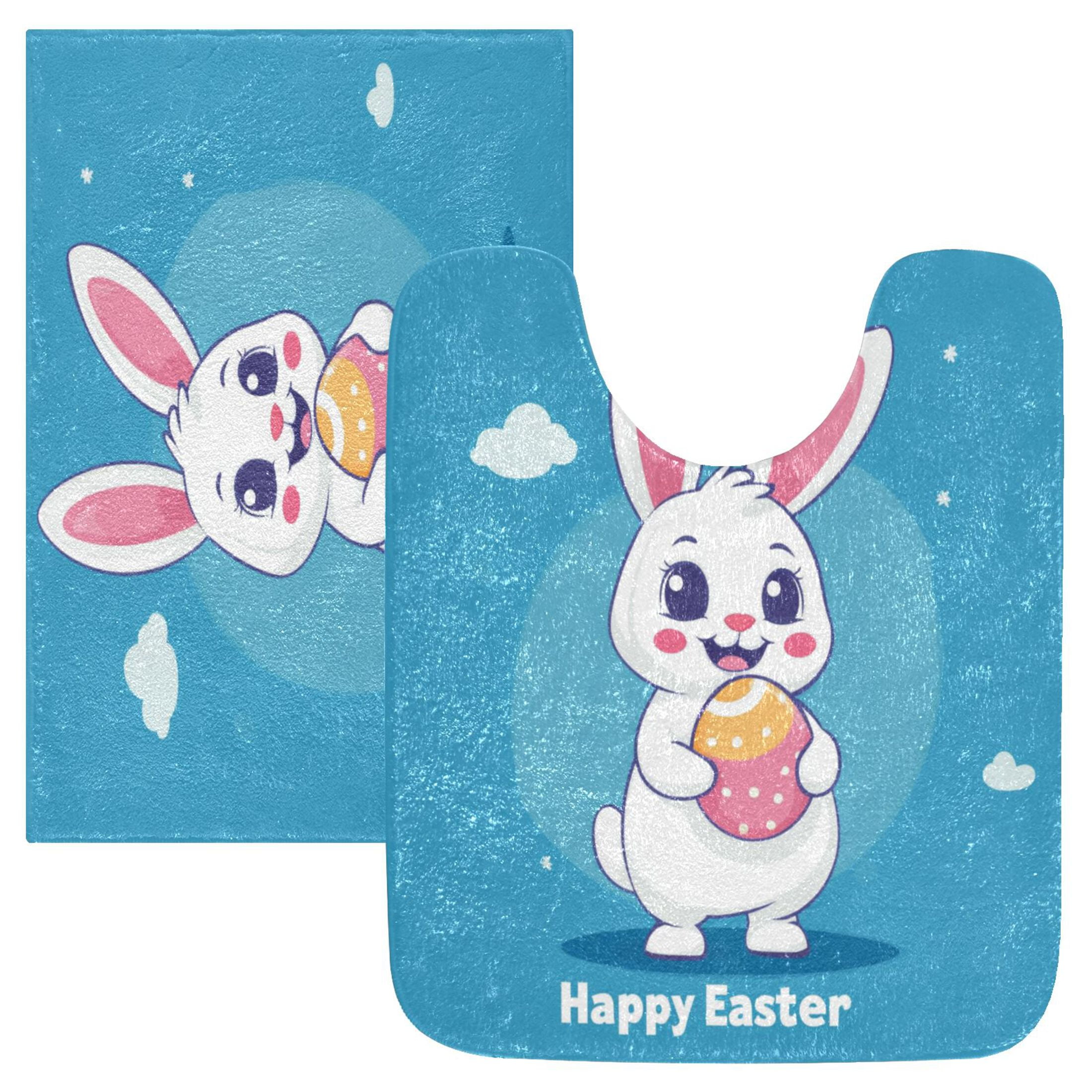 2 Piece Soft Bathroom Rug Set Smiling Cartoon Rabbit Bath Mat and U ...