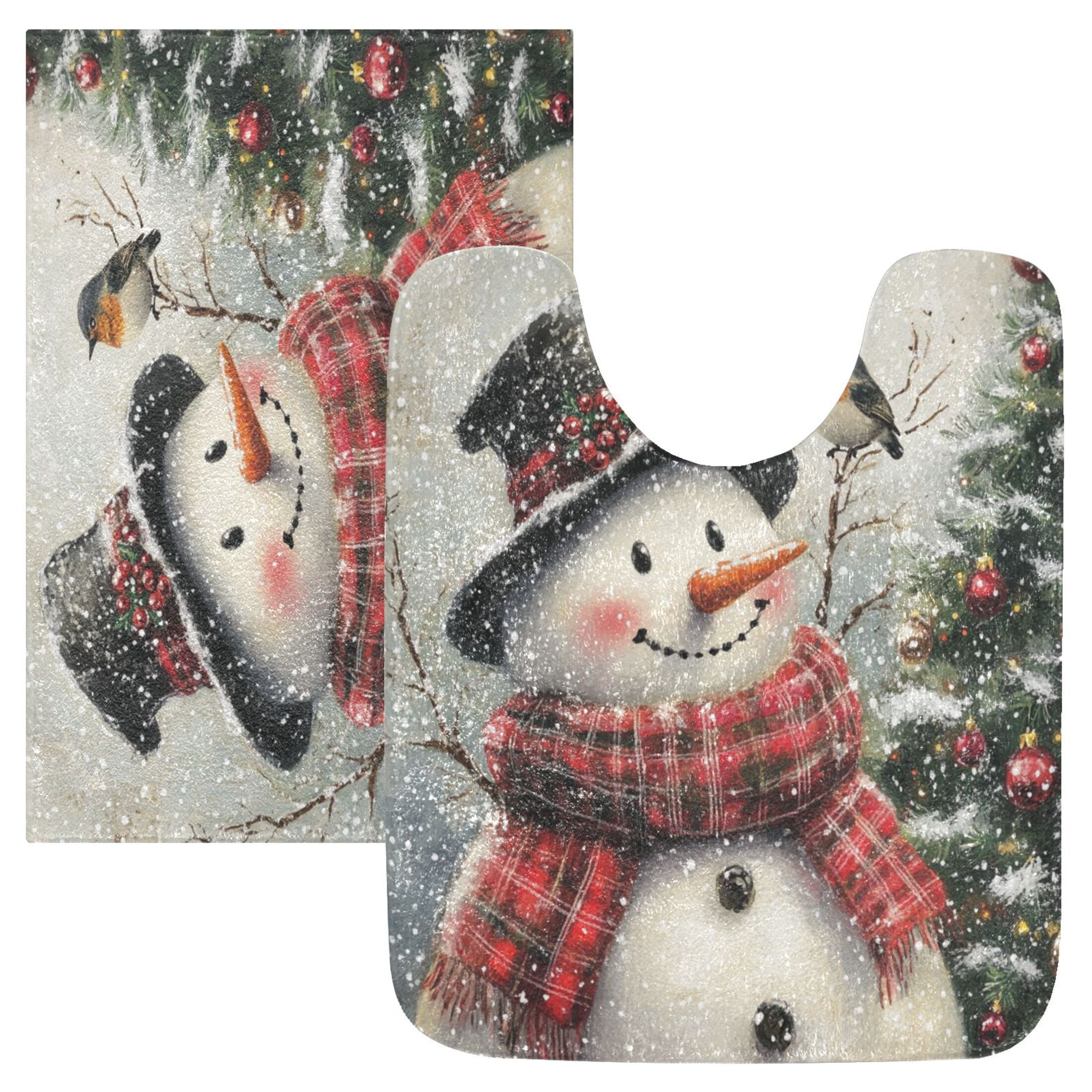 2 Piece Soft Bathroom Rug Set Snowman and Bird Bath Mat and U-Shaped ...