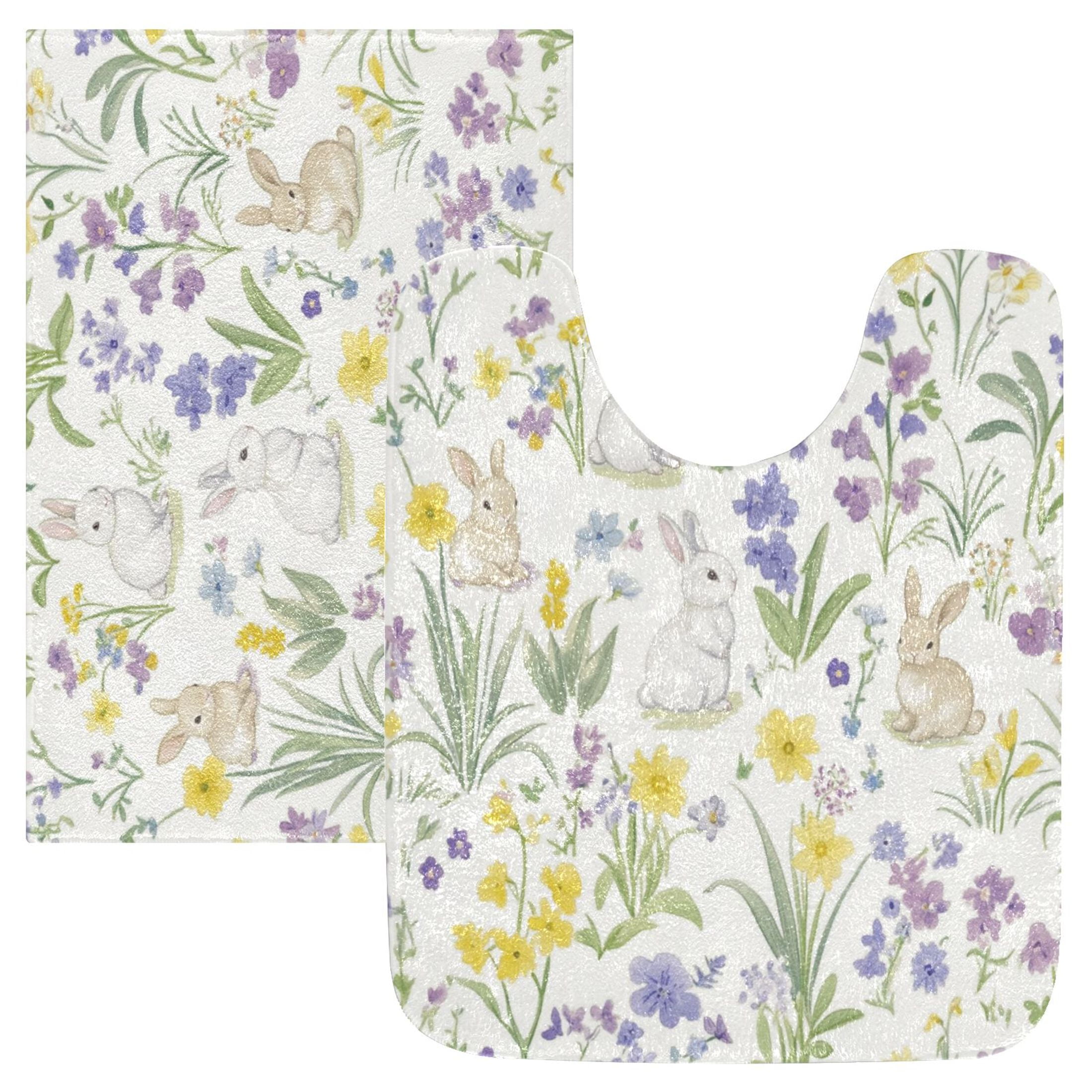 2 Piece Soft Bathroom Rug Set Spring Garden with Bunnies Bath Mat and U ...