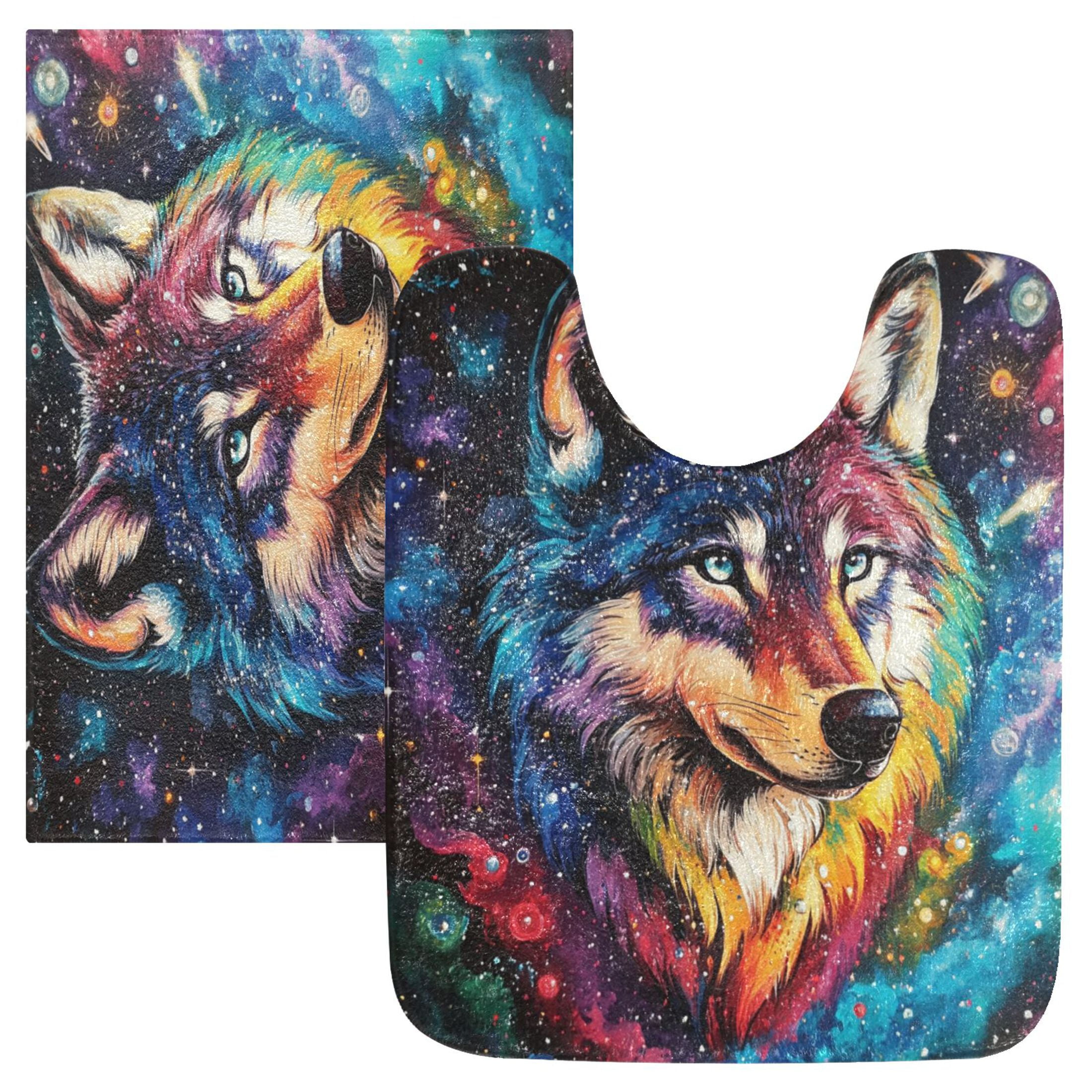 2 Piece Soft Bathroom Rug Set Star-studded Wolf Bath Mat and U-Shaped ...