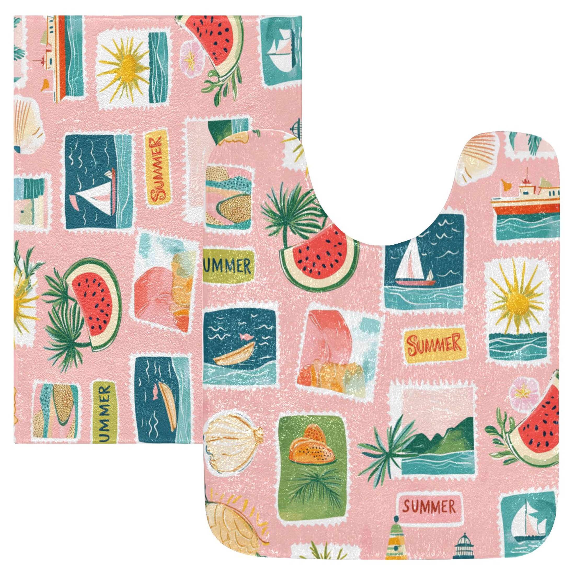 2 Piece Soft Bathroom Rug Set Summer Travel Stamps Bath Mat and U ...