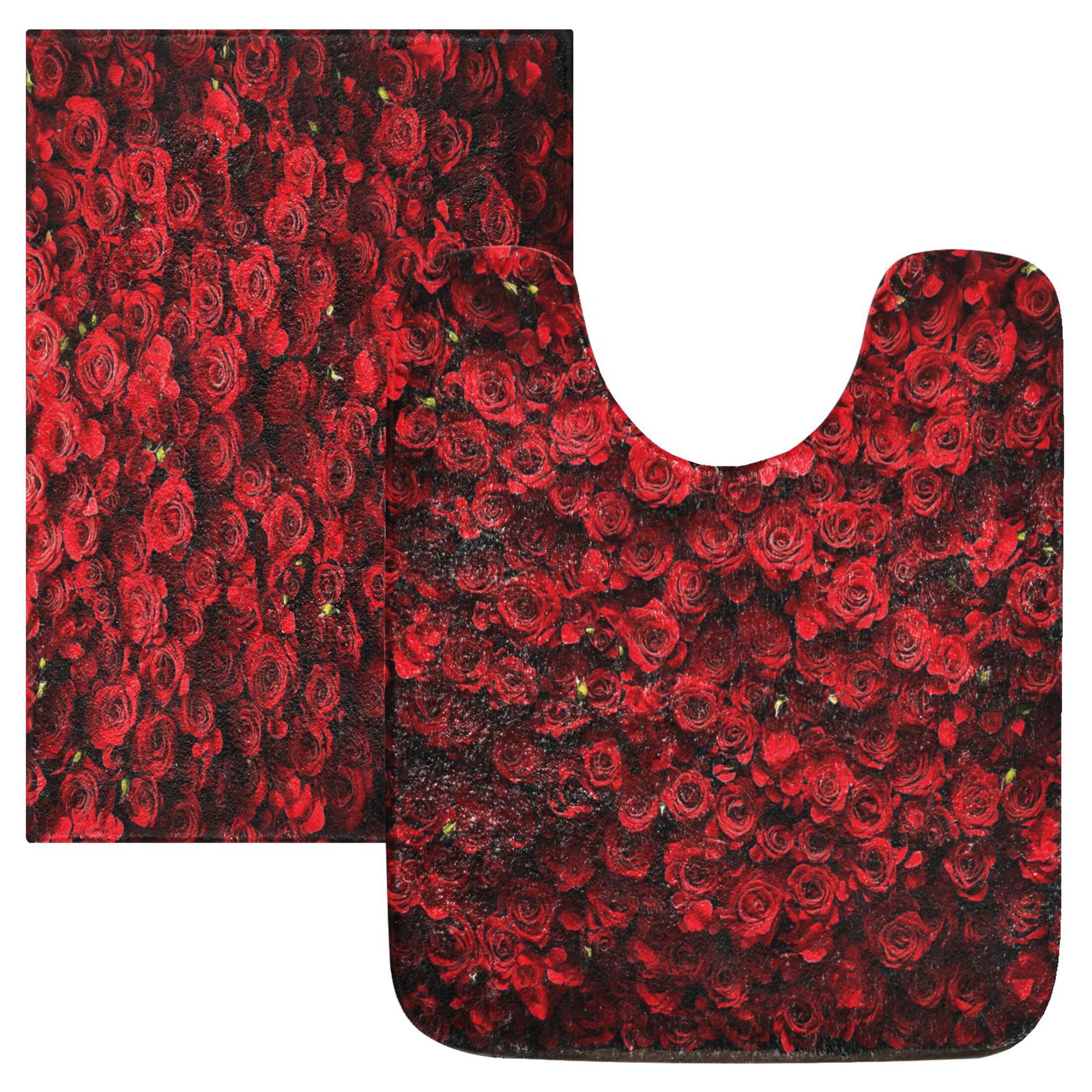 2 Piece Soft Bathroom Rug Set Wall Of Red Roses Bath Mat and U-Shaped ...