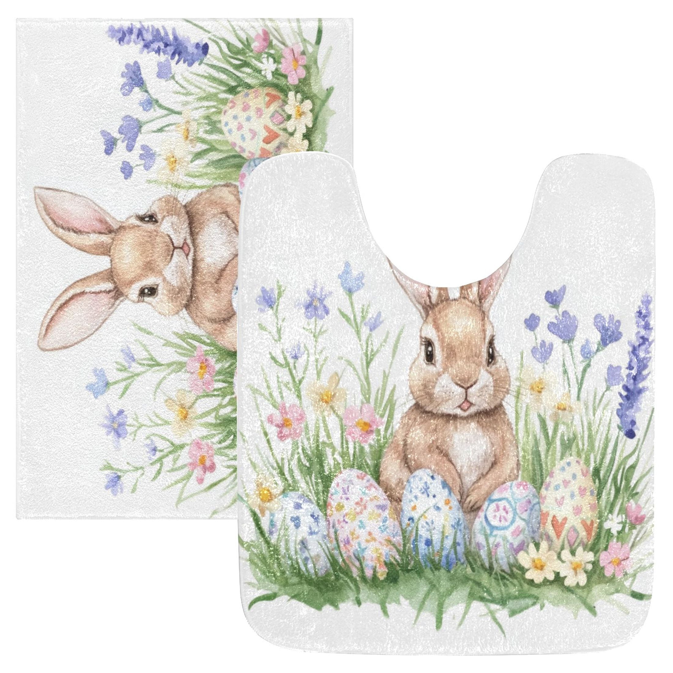 2 Piece Soft Bathroom Rug Set Watercolor Easter Bunny Pattern Bath Mat ...
