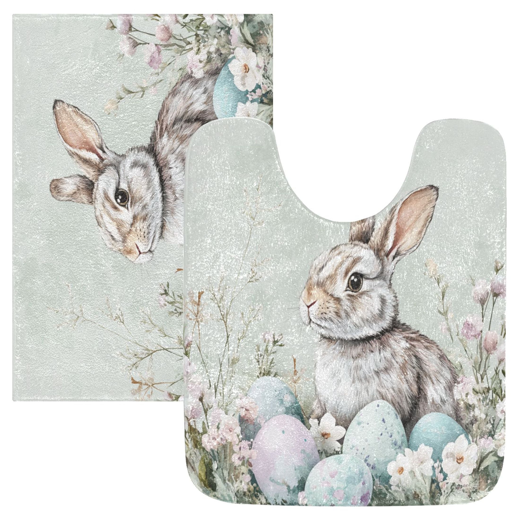 2 Piece Soft Bathroom Rug Set Watercolors Easter Bunny Bath Mat and U ...