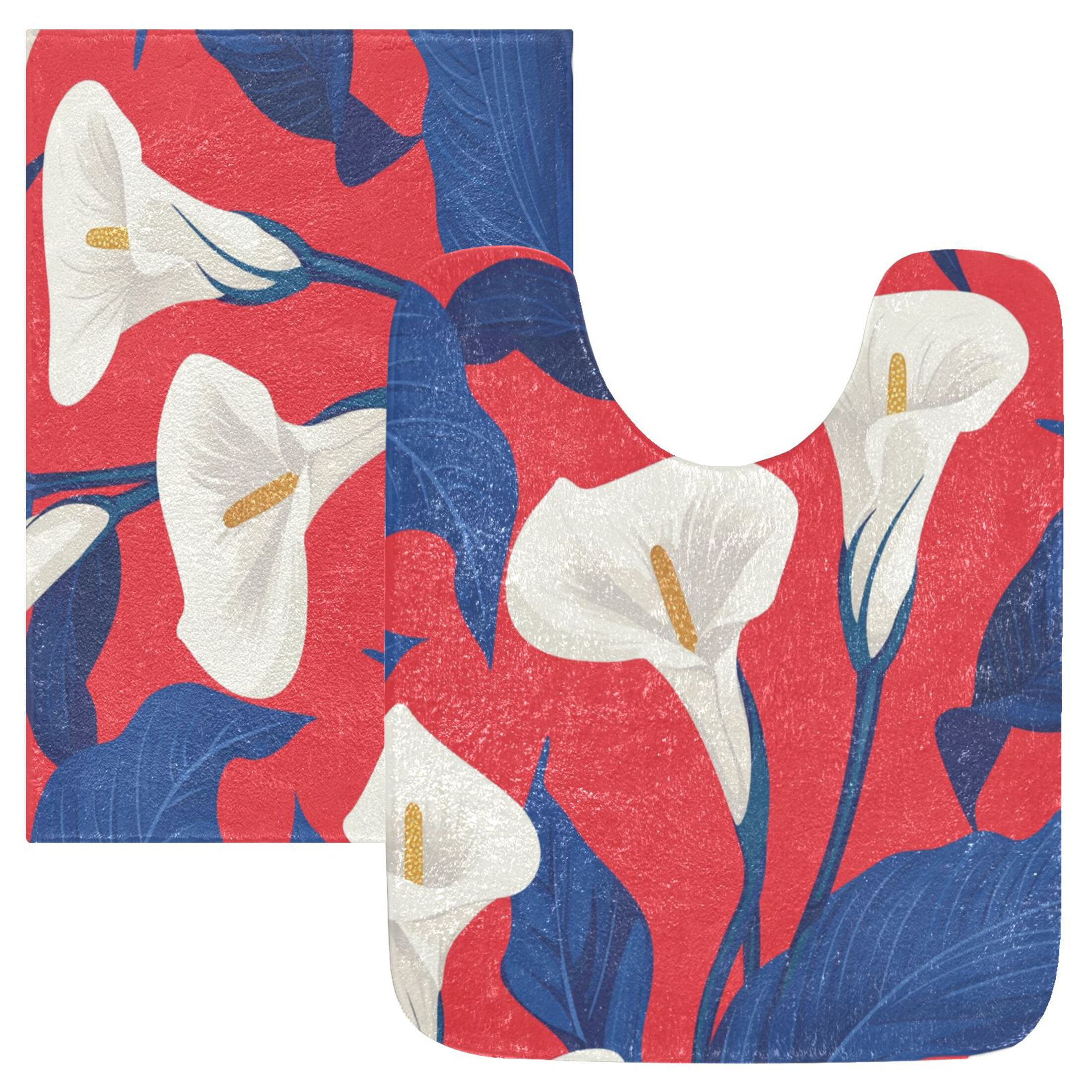 2 Piece Soft Bathroom Rug Set White Calla Lilies with Blue Leaves Bath ...