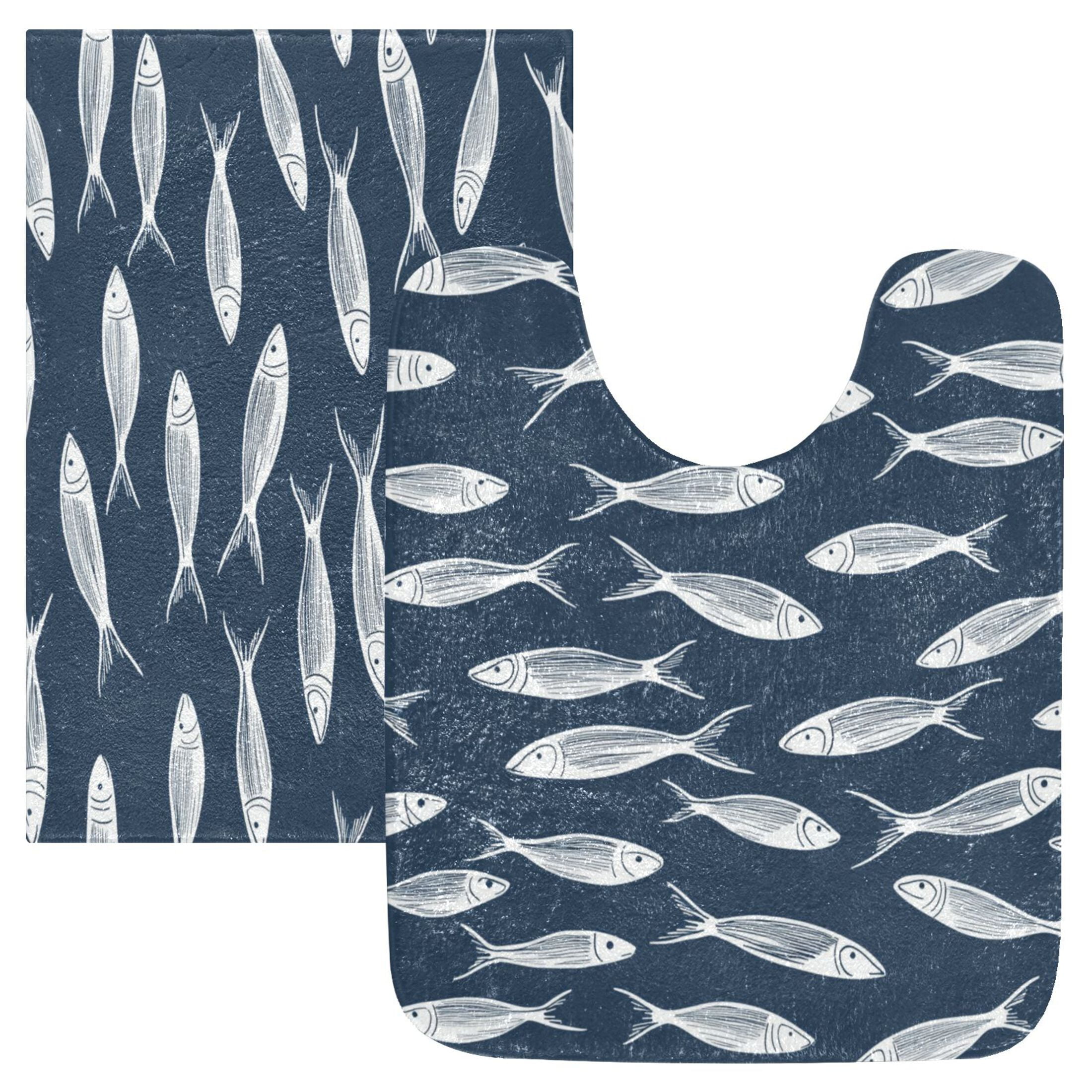 2 Piece Soft Bathroom Rug Set White Fish Bath Mat and U-Shaped Toilet ...