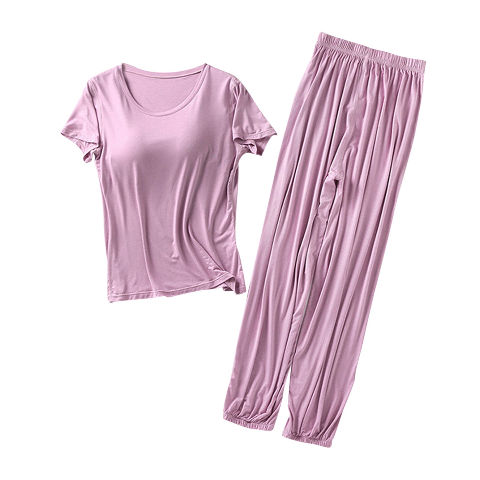 2 Piece Soft Modal Pajamas Set Womens Short Sleeve Built in Bra ...