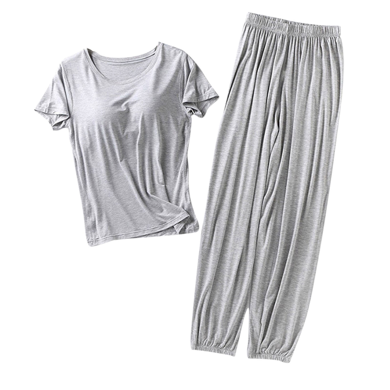 2 Piece Soft Modal Pajamas Set Womens Short Sleeve Built in Bra ...