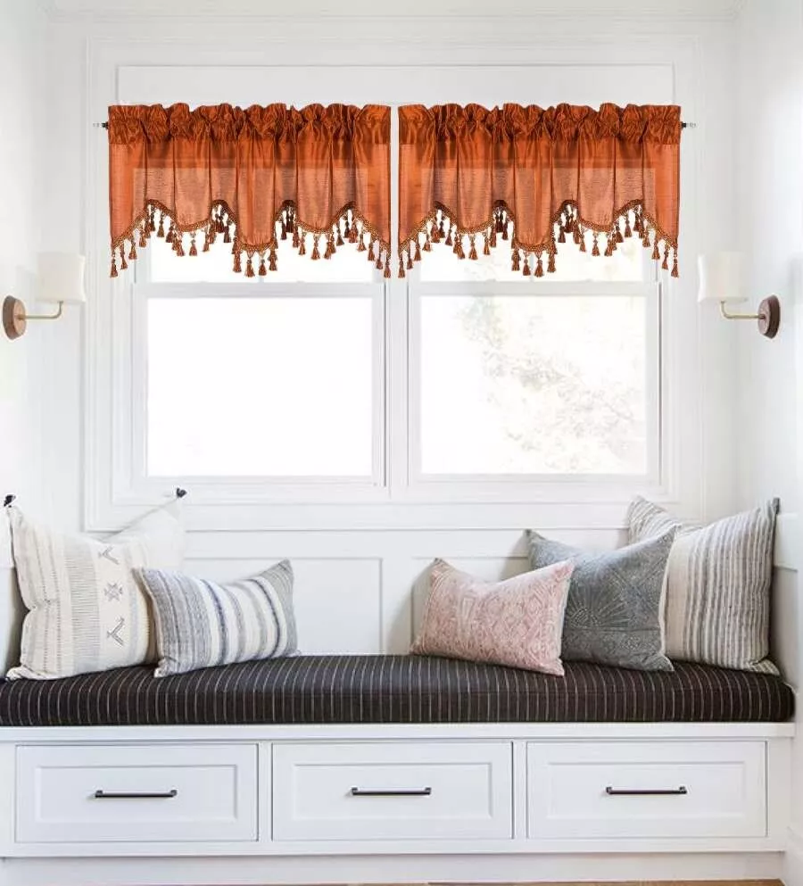 2-Piece Solid Faux Silk Waterfall Ascot Window Curtain Valance with ...