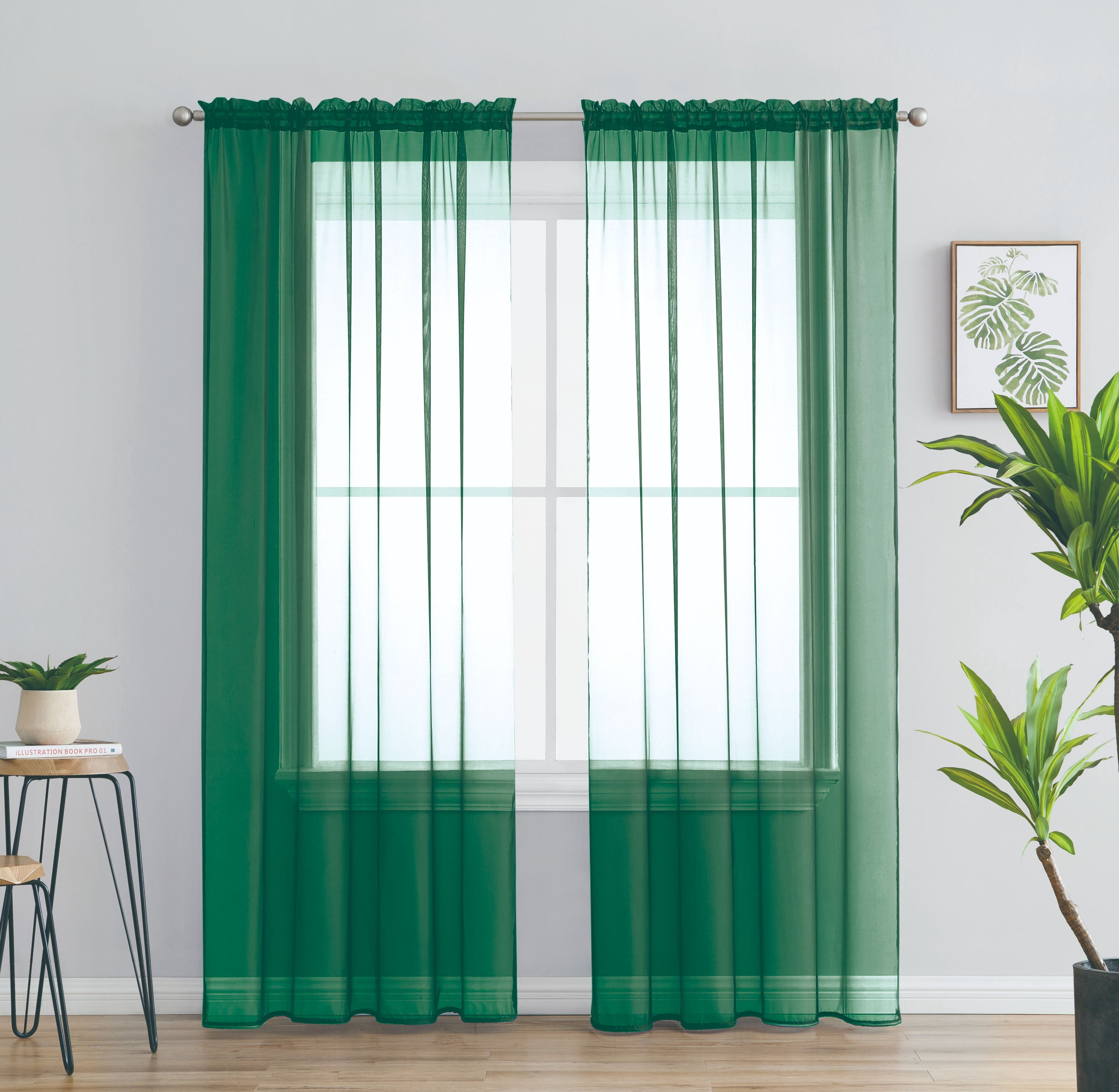 2 Piece Solid Rod Pocket Sheer Window Curtains Sheer Hunter Green ...