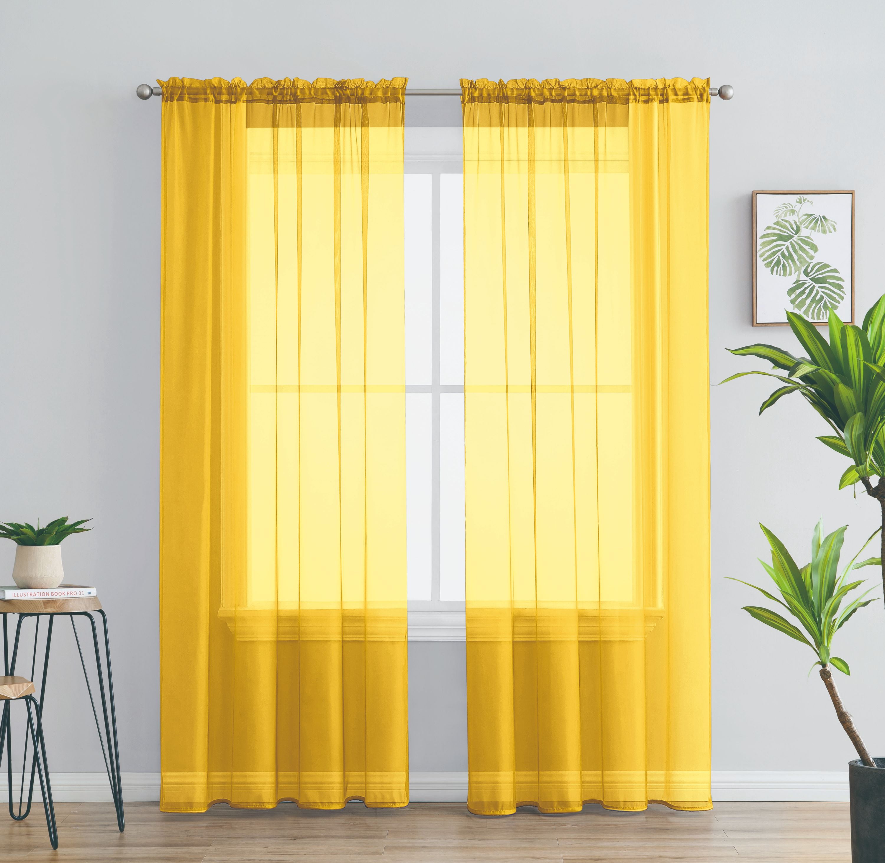 2 Piece Solid Rod Pocket Sheer Window Curtains Sheer Yellow Curtains ...