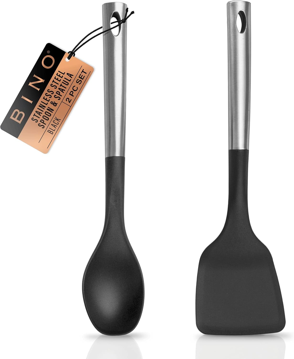 2-Piece Spoon & Turner Set with Stainless Steel Handles - Black | Heat ...