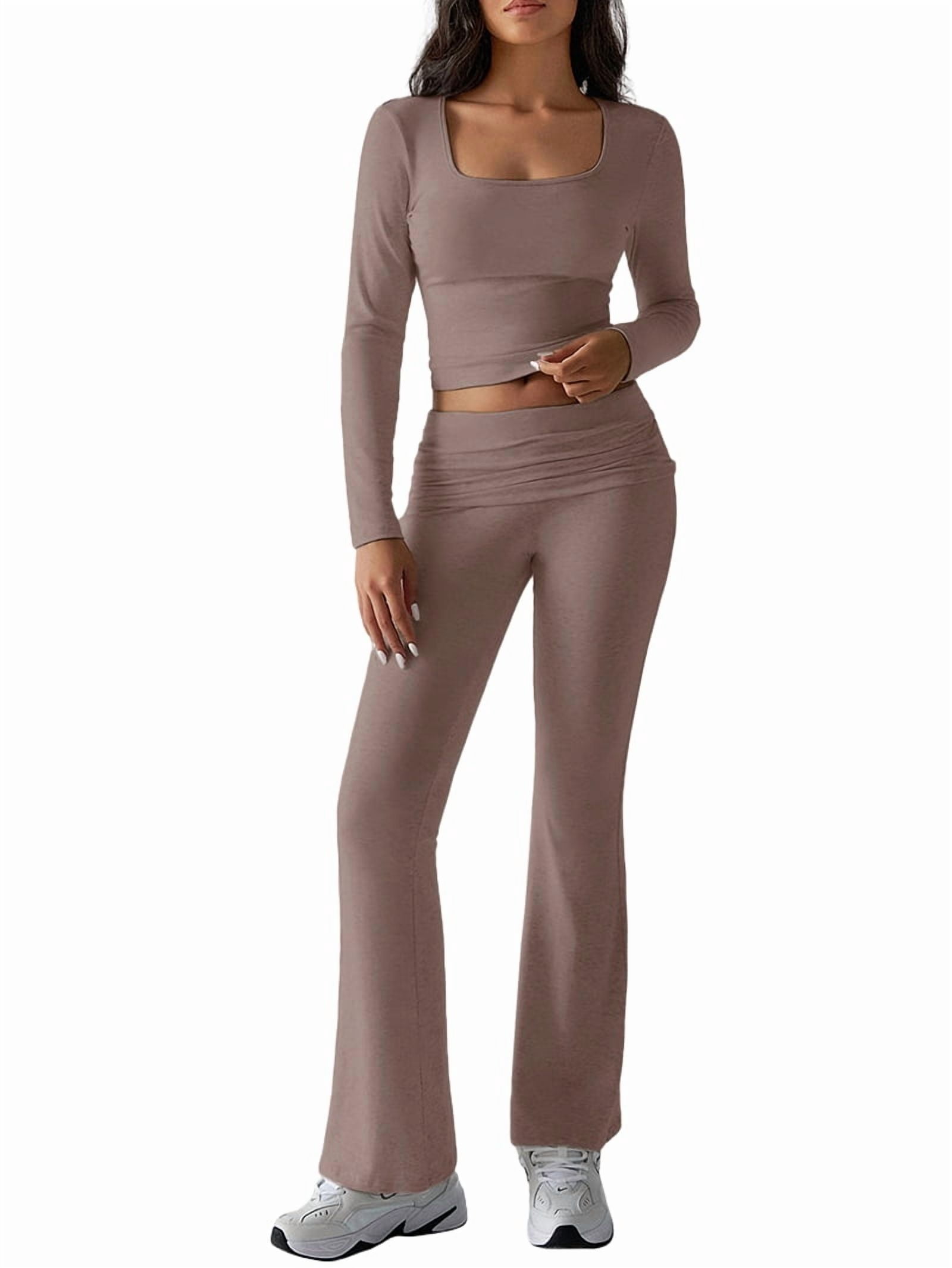 2 Piece Square Neck Lounge Set Womens Wide Leg Pants Slightly Crop Top ...