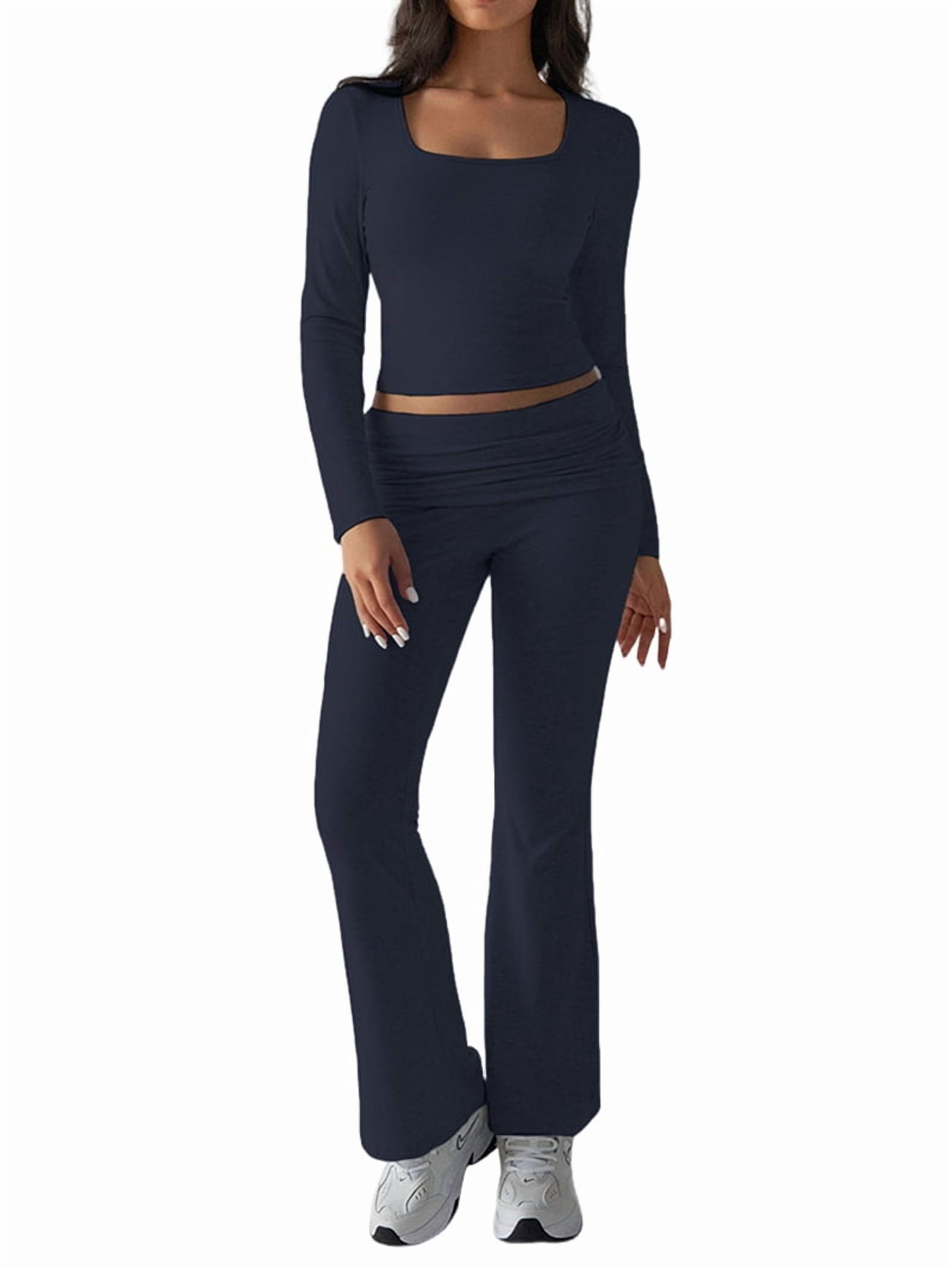 2 Piece Square Neck Lounge Set Womens Wide Leg Pants Slightly Crop Top ...
