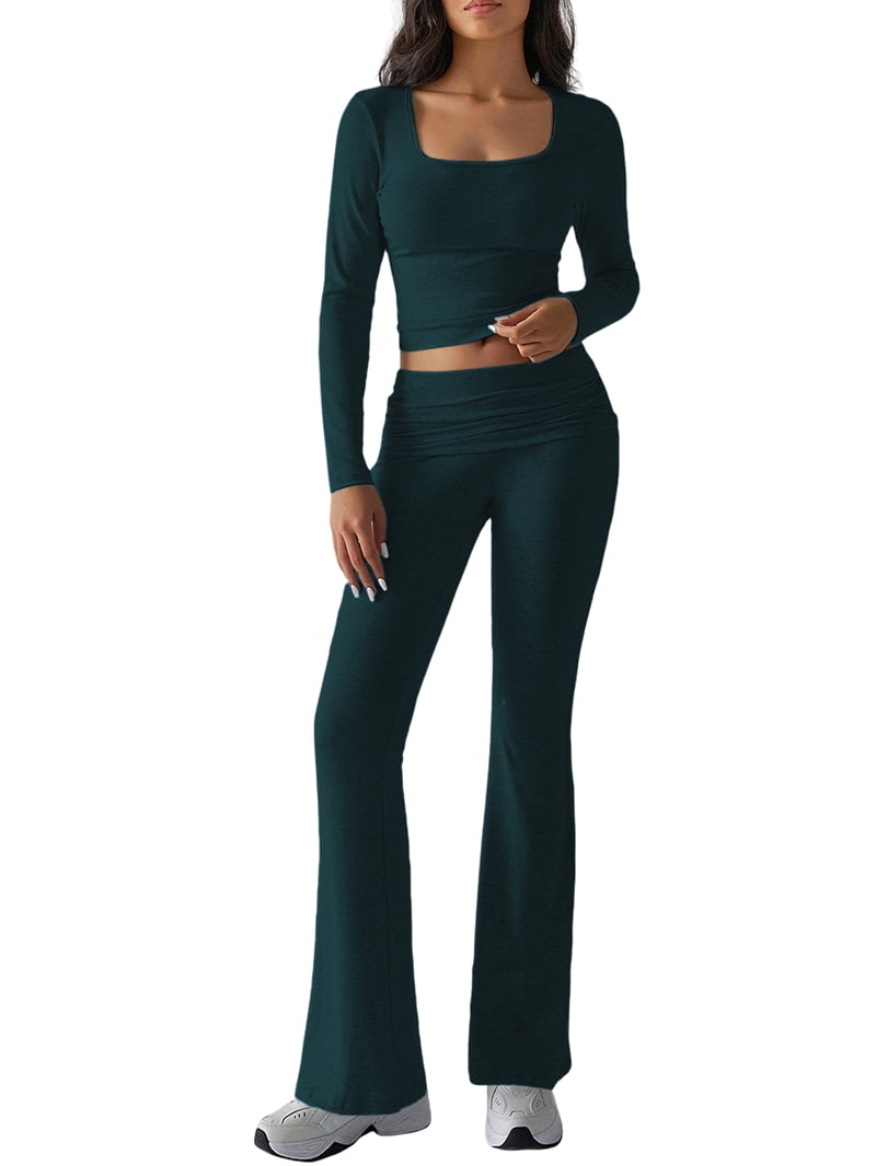 2 Piece Square Neck Lounge Set Womens Wide Leg Pants Slightly Crop Top ...