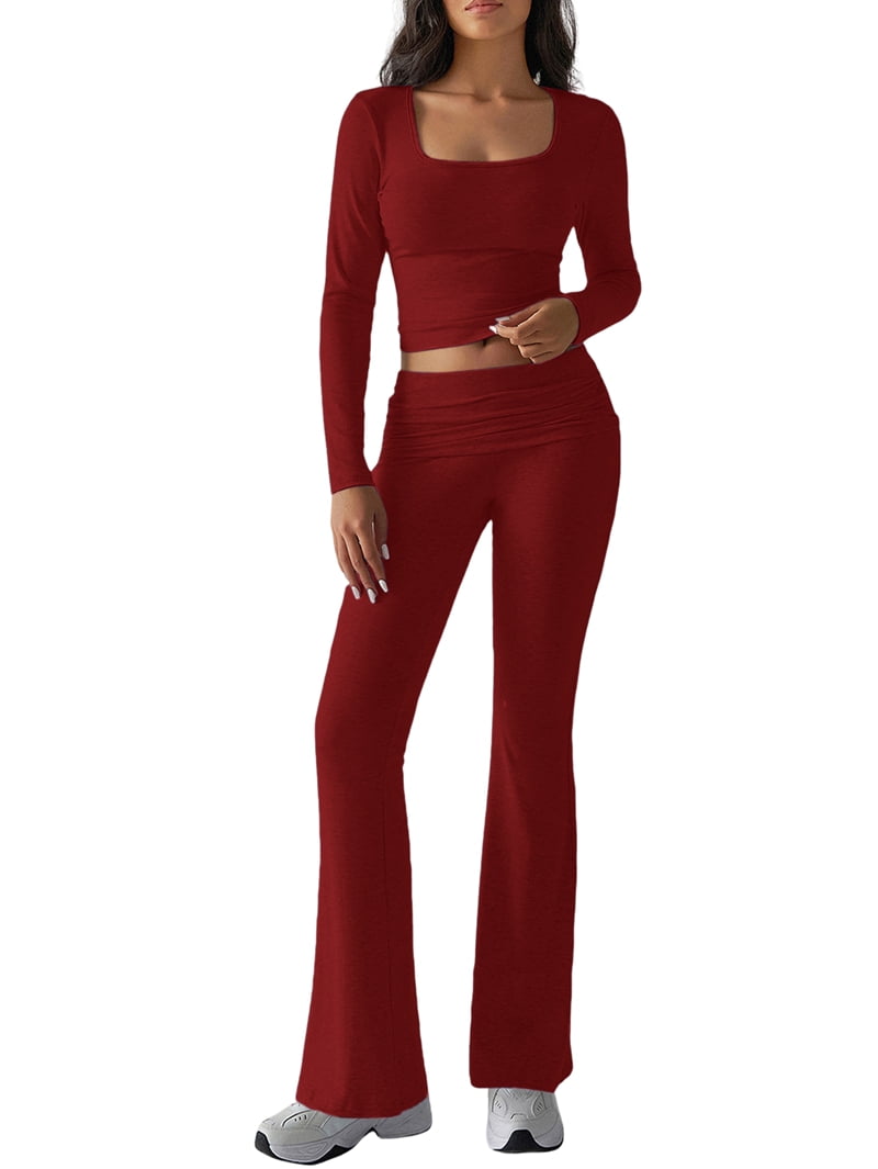 2 Piece Square Neck Lounge Set Womens Wide Leg Pants Slightly Crop Top ...