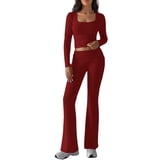 2 Piece Square Neck Lounge Set Womens Wide Leg Pants Slightly Crop Top ...