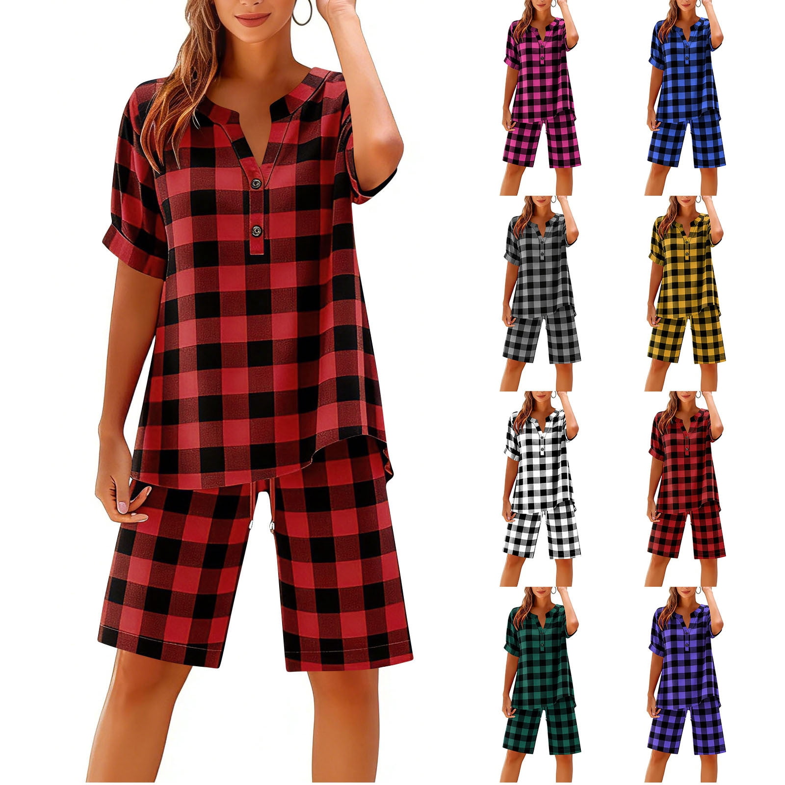 2 Piece Summer Outfits for Women Plaid Print V Neck Short Sleeve Button ...