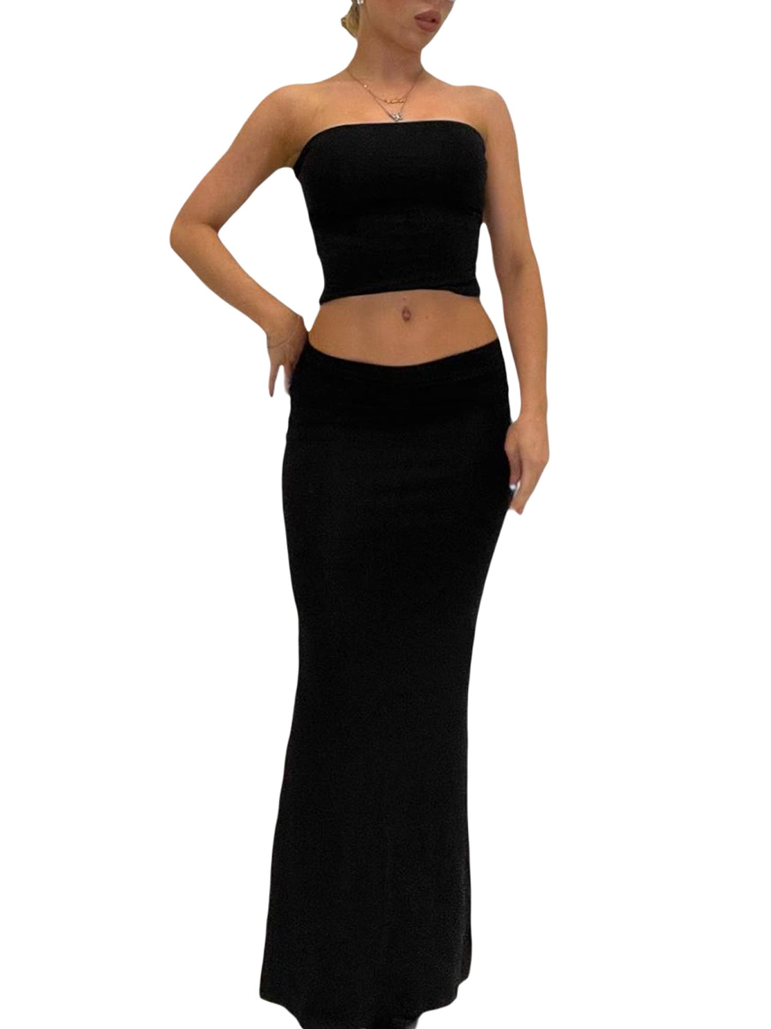 2 Piece Summer Outfits for Women Strapless Solid Color Tube Tops ...