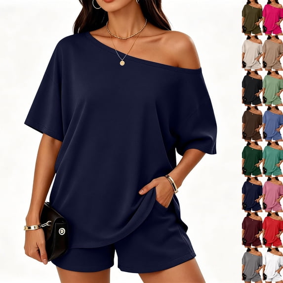 2 Piece Summer Set Oversized Top & Loose Fit Shorts with Pockets Casual ...