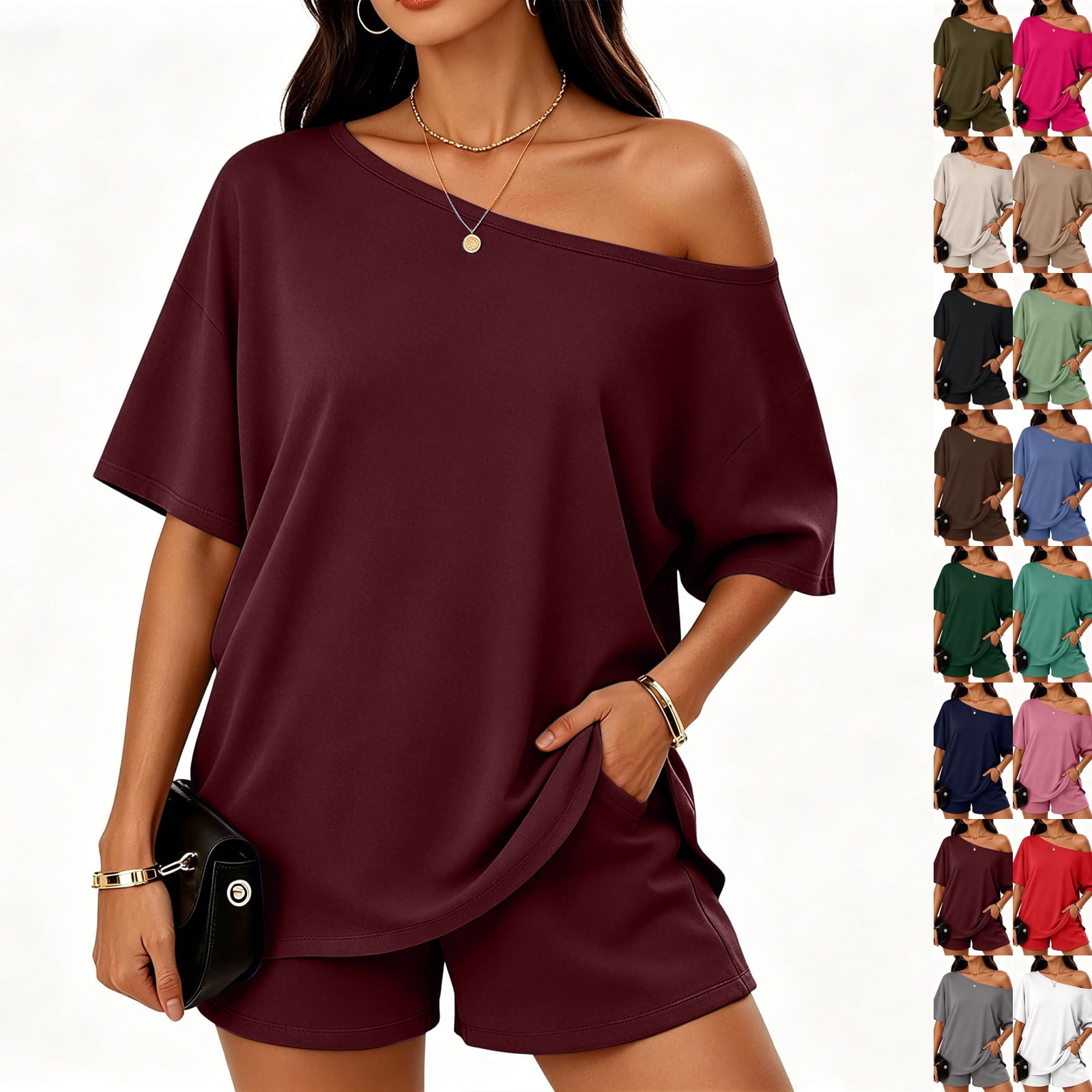 2 Piece Summer Set Oversized Top & Loose Fit Shorts with Pockets Casual ...
