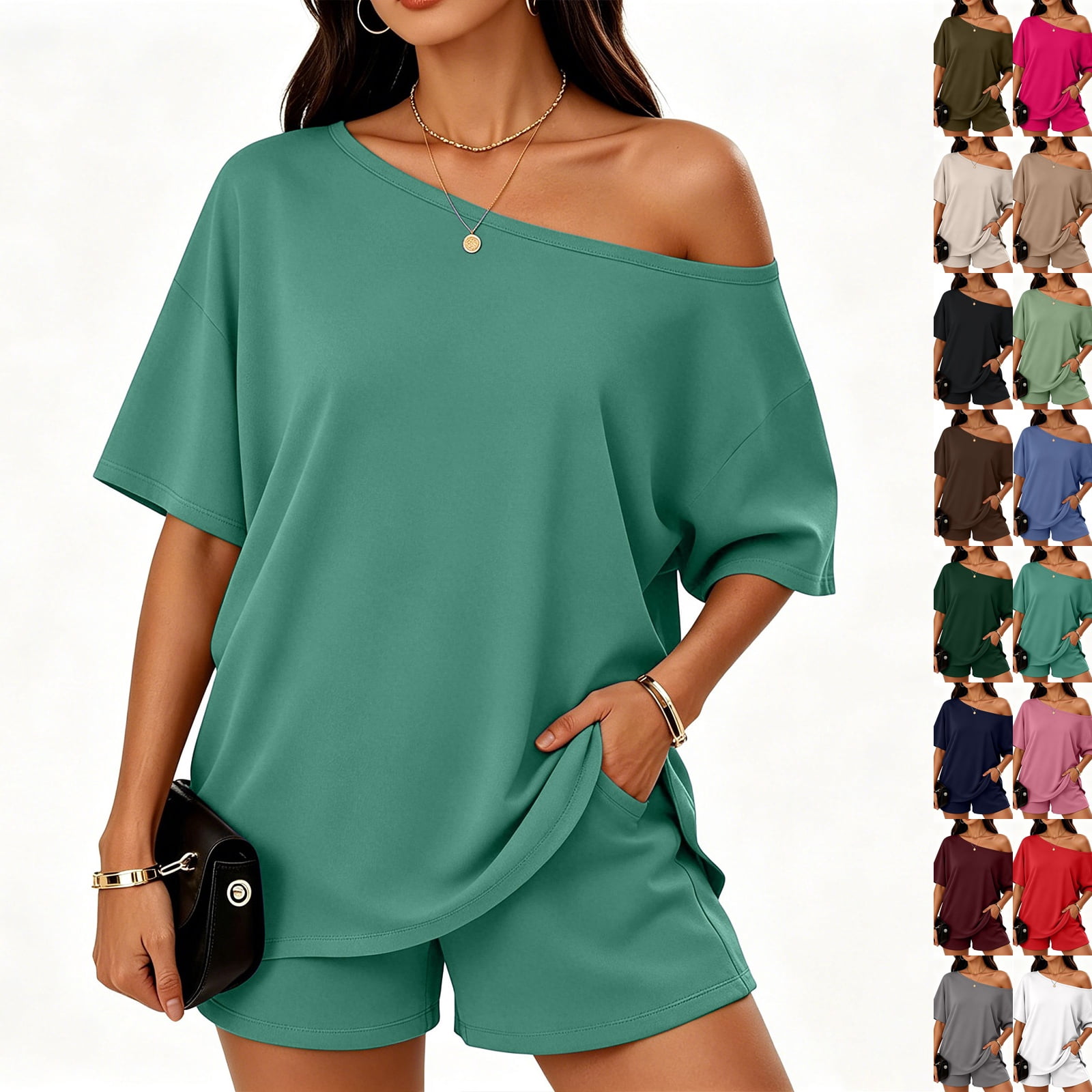 2 Piece Summer Set Oversized Top & Loose Fit Shorts with Pockets Casual ...