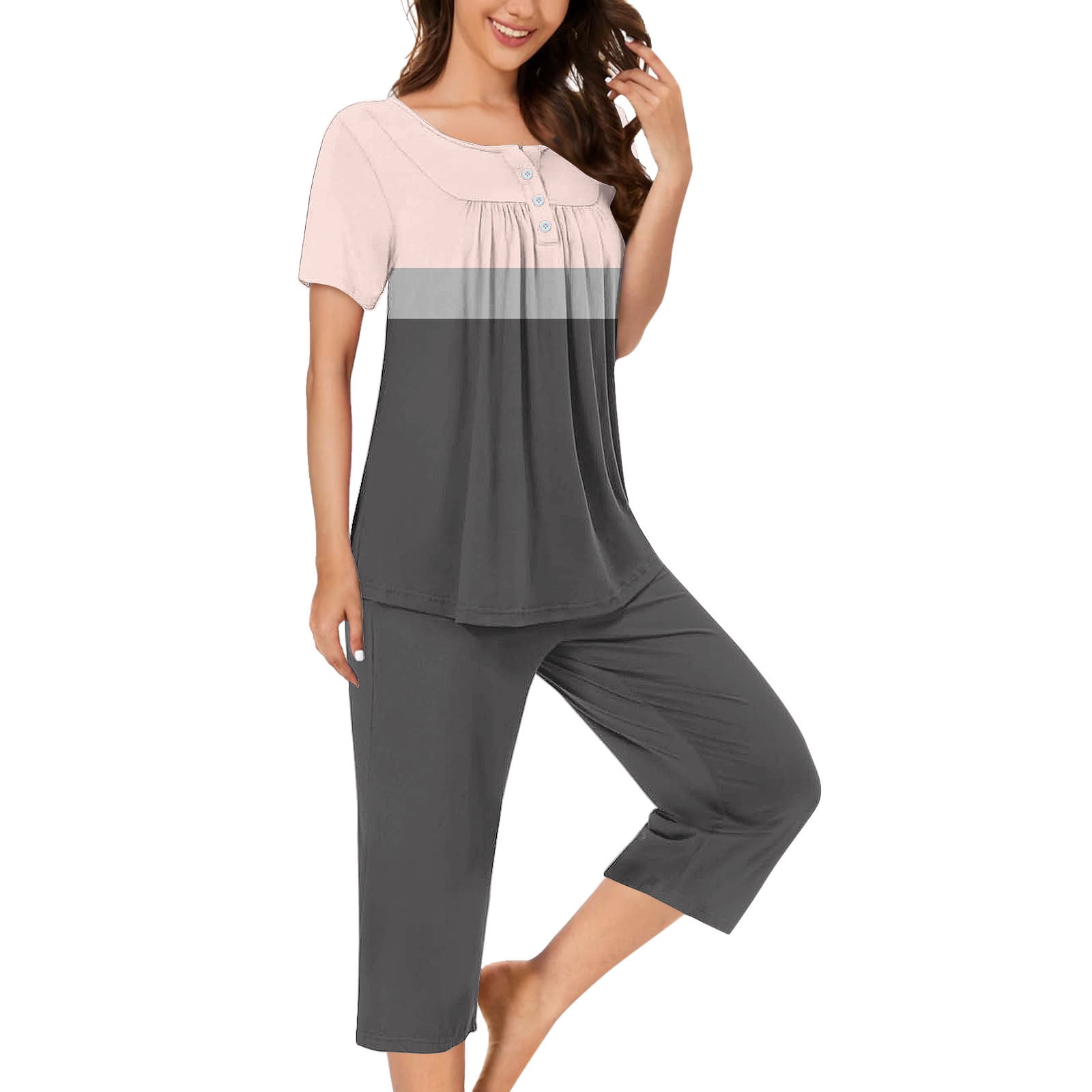 2 Piece Summer Sets for Women Ladies Pajamas Sets Loose Fit Color Block ...