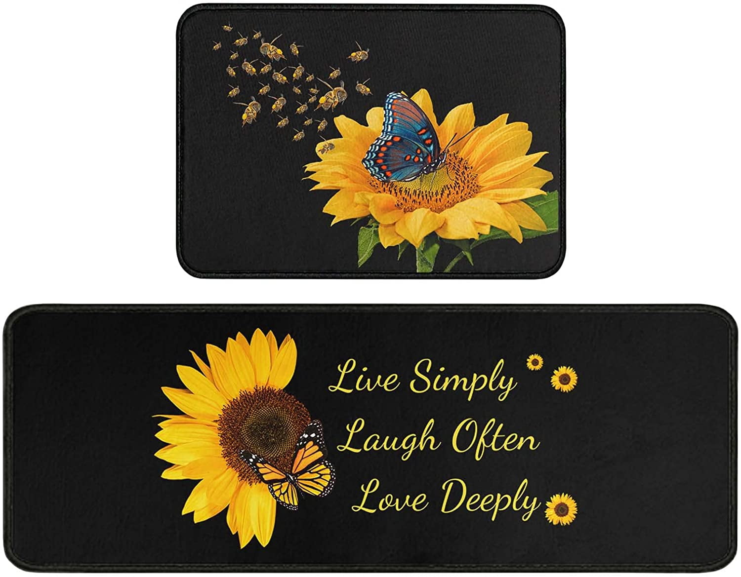 Sunflower Floor Mat Set, 2 Piece Non-Slip Kitchen Rugs for Decor, Black ...