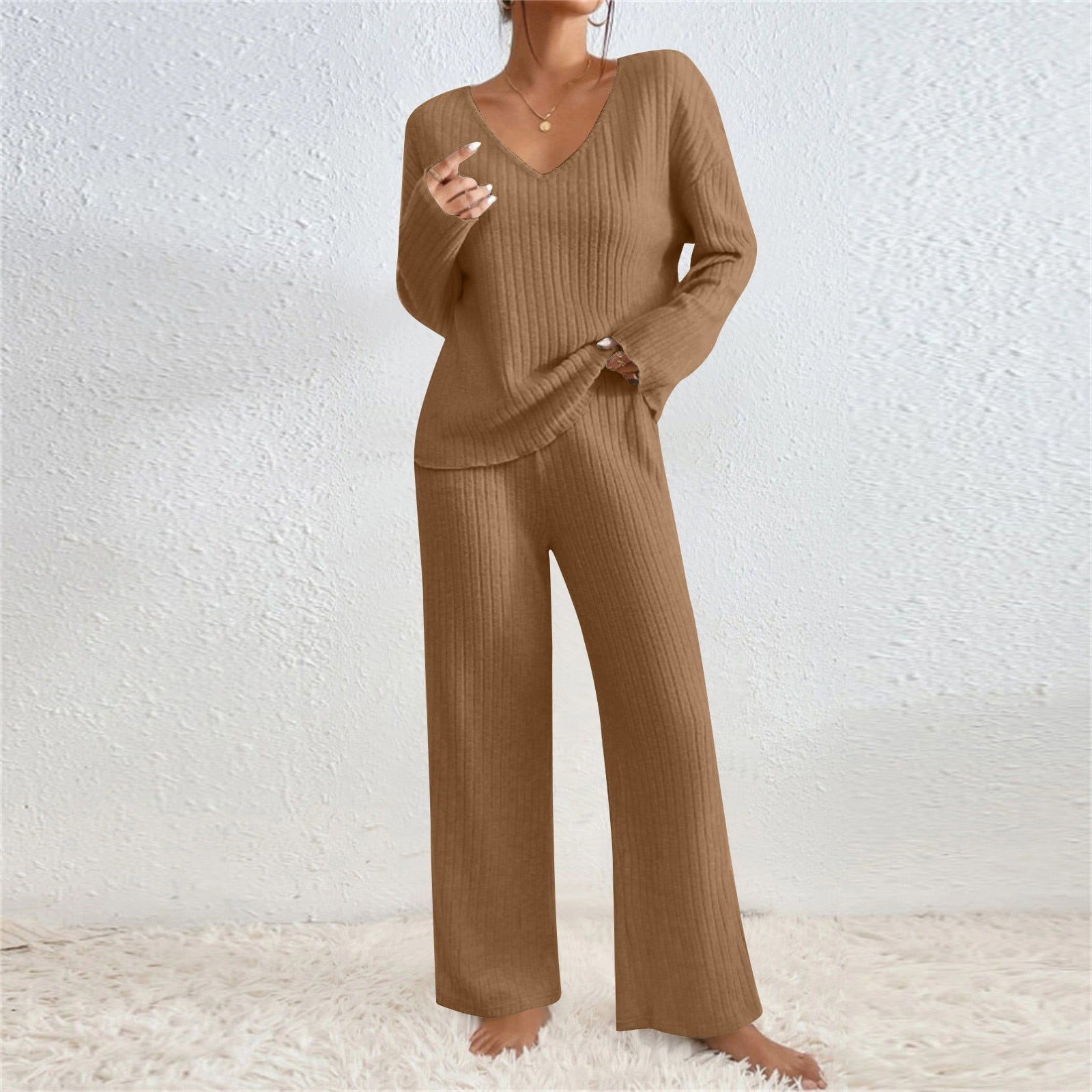2 Piece Sweater Sets For Women V Neck Long Sleeve Knit Sweater Wide Leg ...
