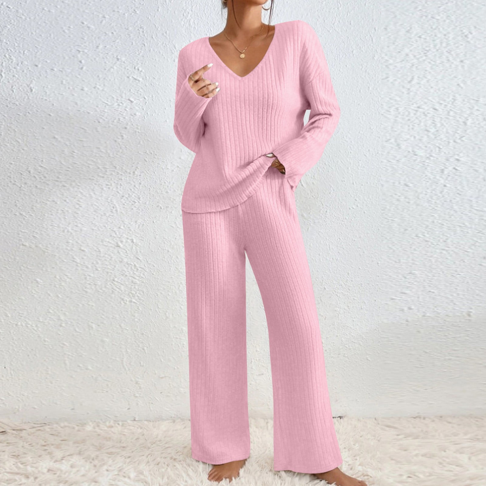 2 Piece Sweater Sets For Women V Neck Long Sleeve Knit Sweater Wide Leg ...