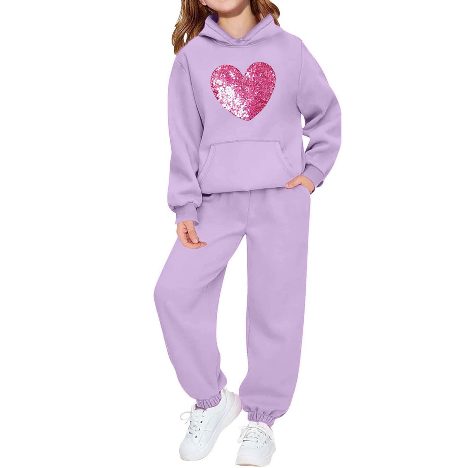 2 Piece Sweatsuit For Kids Hooded Heart Patchwork Pocket Pullover ...