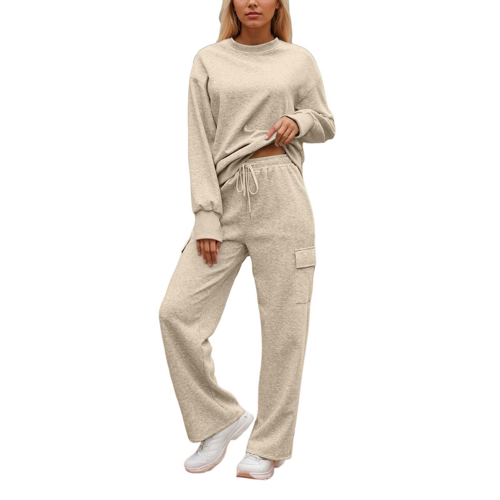 2 Piece Sweatsuits for Women Fall Fleece Solid Long Sleeve Tops and ...