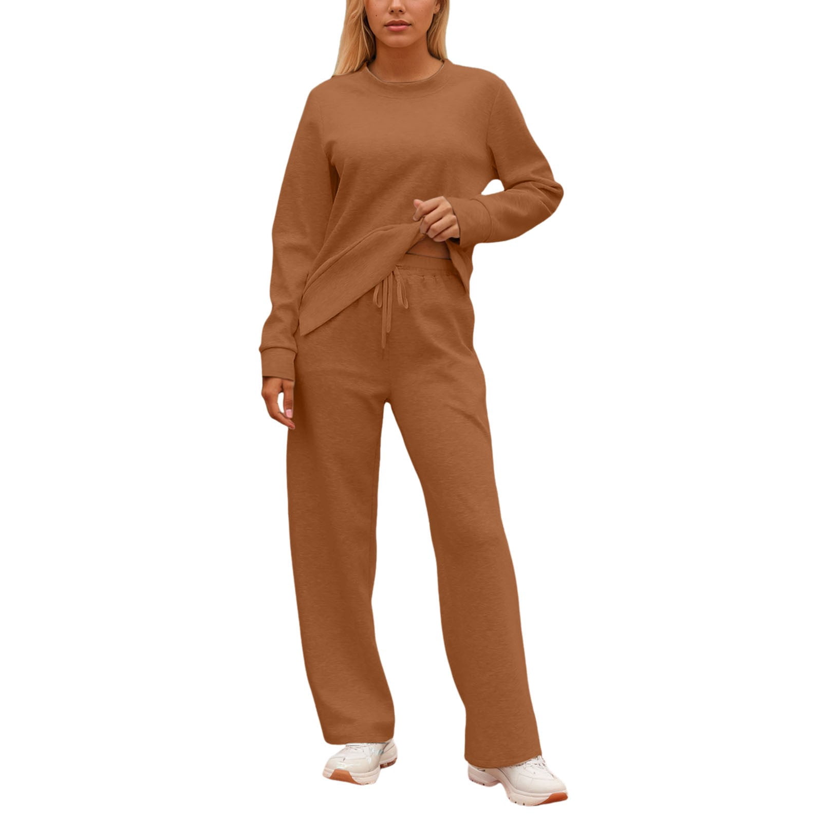 2 Piece Sweatsuits for Women Fall Fleece Solid Long Sleeve Tops and ...