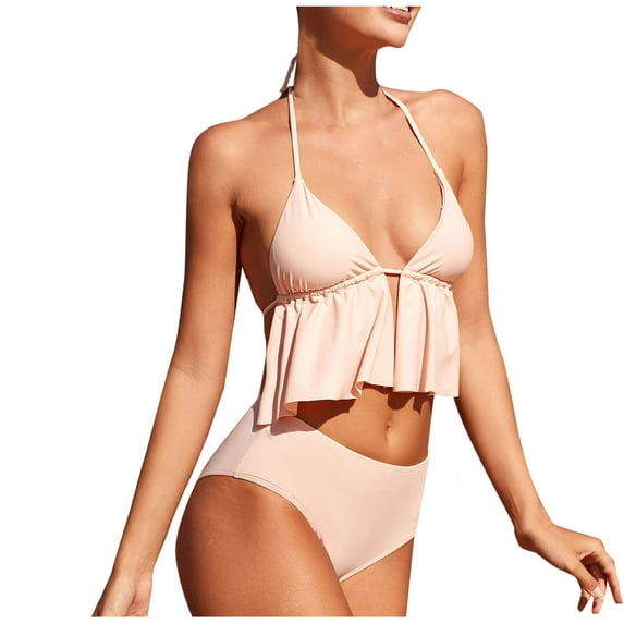 2 Piece Swimsuit for Women Halter Neck Bras and Panties Swimwear Set Lace Up Backless Ruffle Hem ...