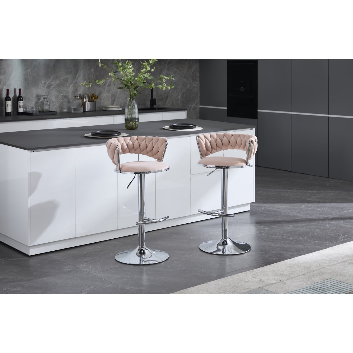 2-Piece Swivel Adjustable Height Stools with Velvet Seat and Chrome Leg PINK | Supportive ...