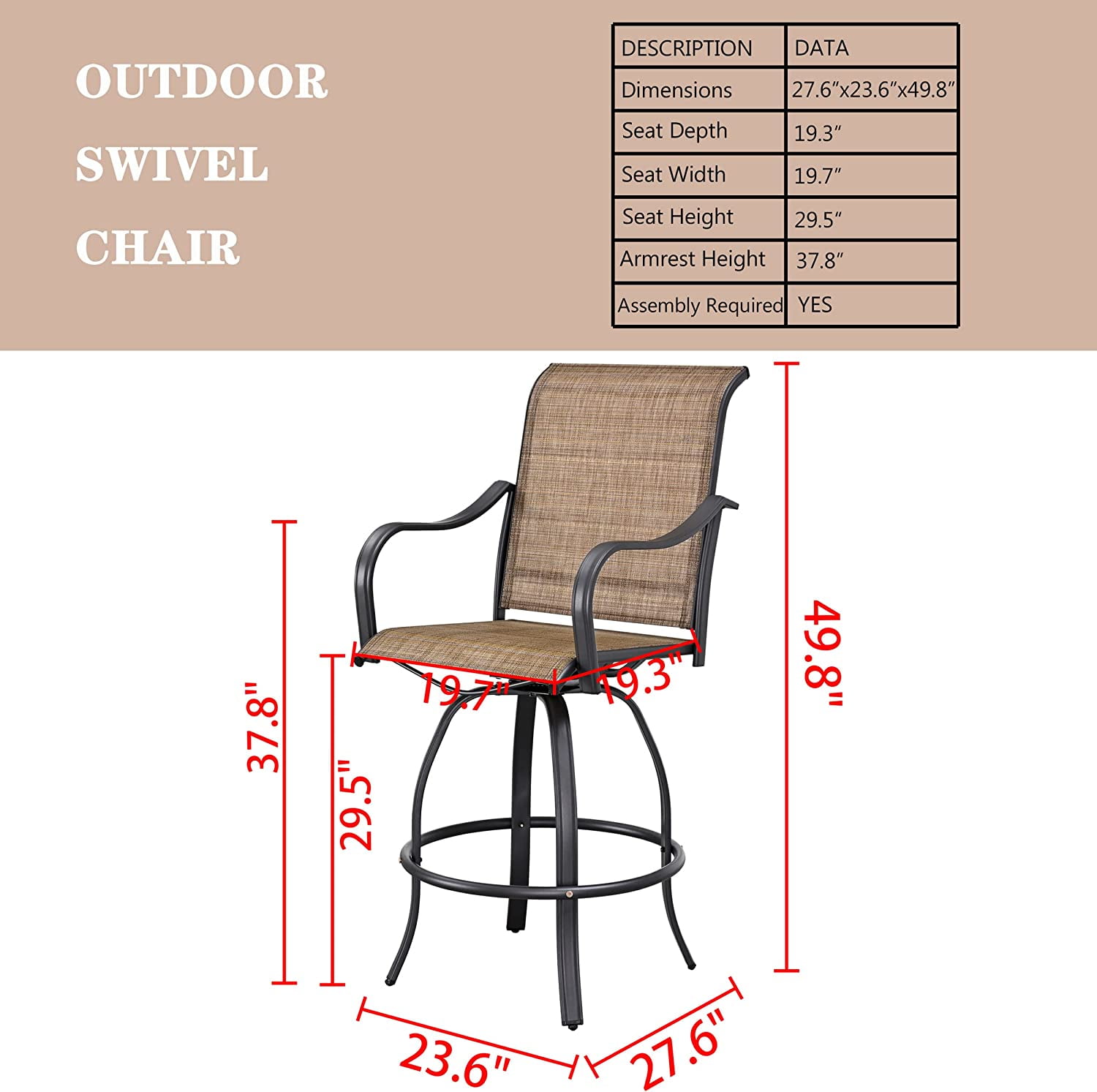 2 Piece Swivel Bar Stools Outdoor High Patio Chairs Furniture with All ...