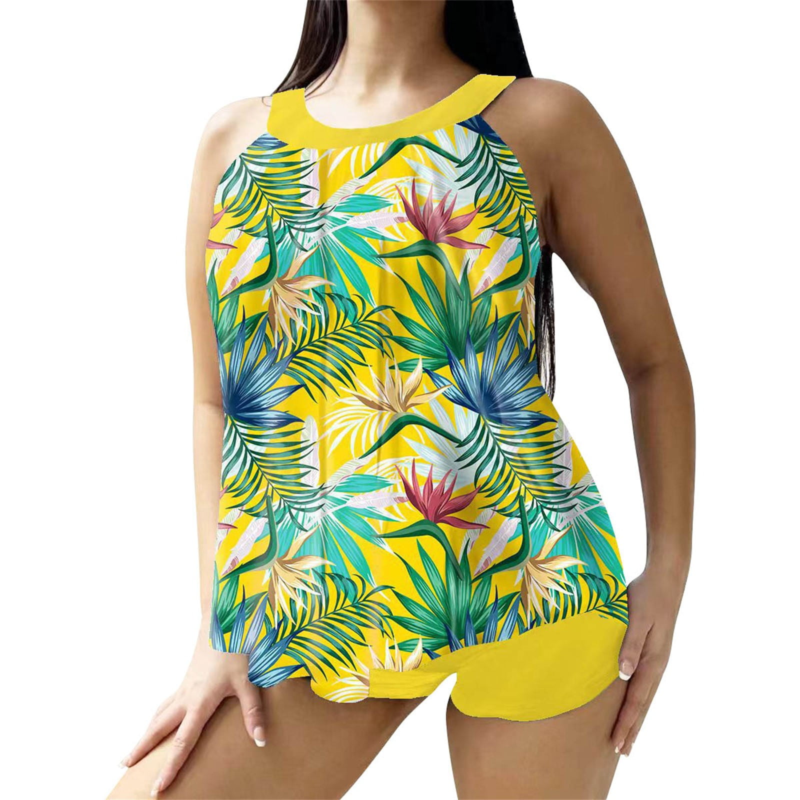 2 Piece Tankini for Women Two Swimsuit High Neck Ruched Top With Bottom ...