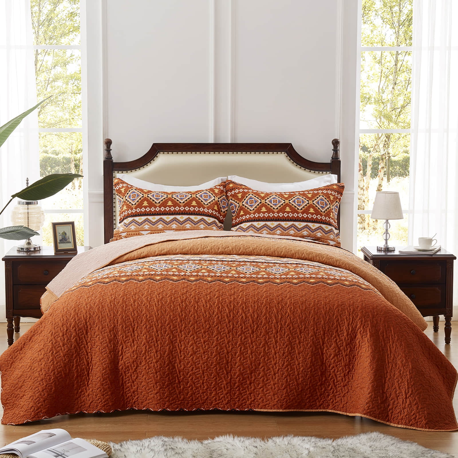 2-Piece Twin Size Quilt Set - Orange Rust Bohemian Bedspread Coverlet ...