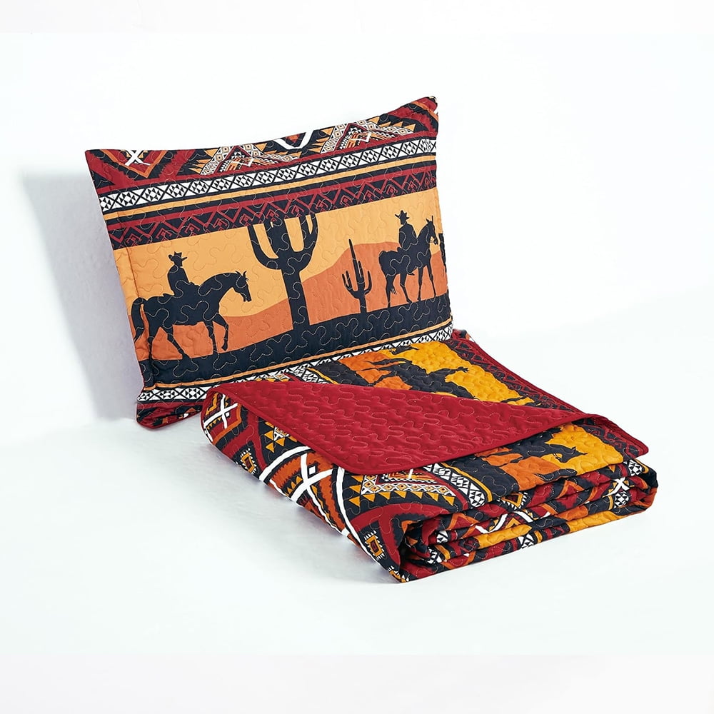 2-Piece Twin Southwestern Sunset Cowboys Quilt Set - Multicolor Red ...