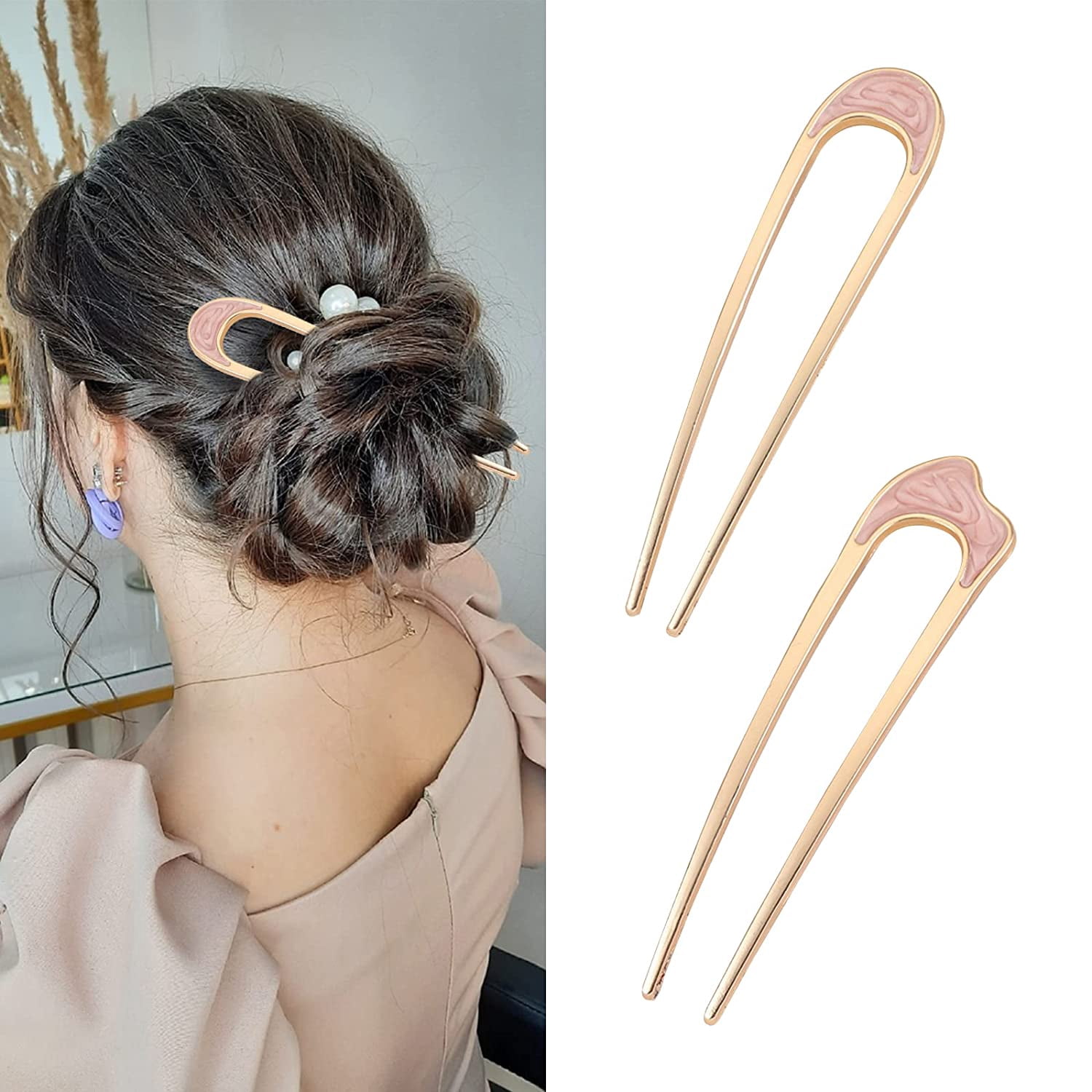 2 Piece U-Shaped Hair Pins，Metal Vintage Hair Sticks French Hair Pins ...